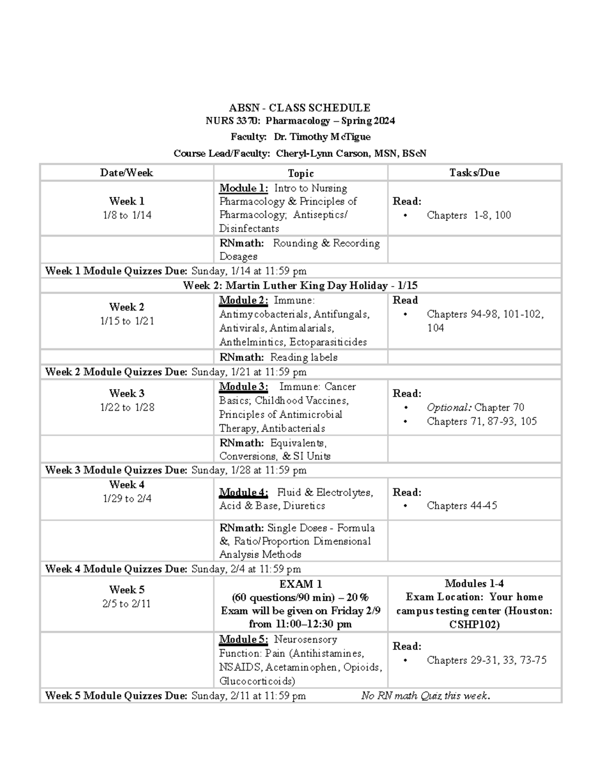 Pharmacology - N/A - ABSN - CLASS SCHEDULE NURS 3370: Pharmacology ...