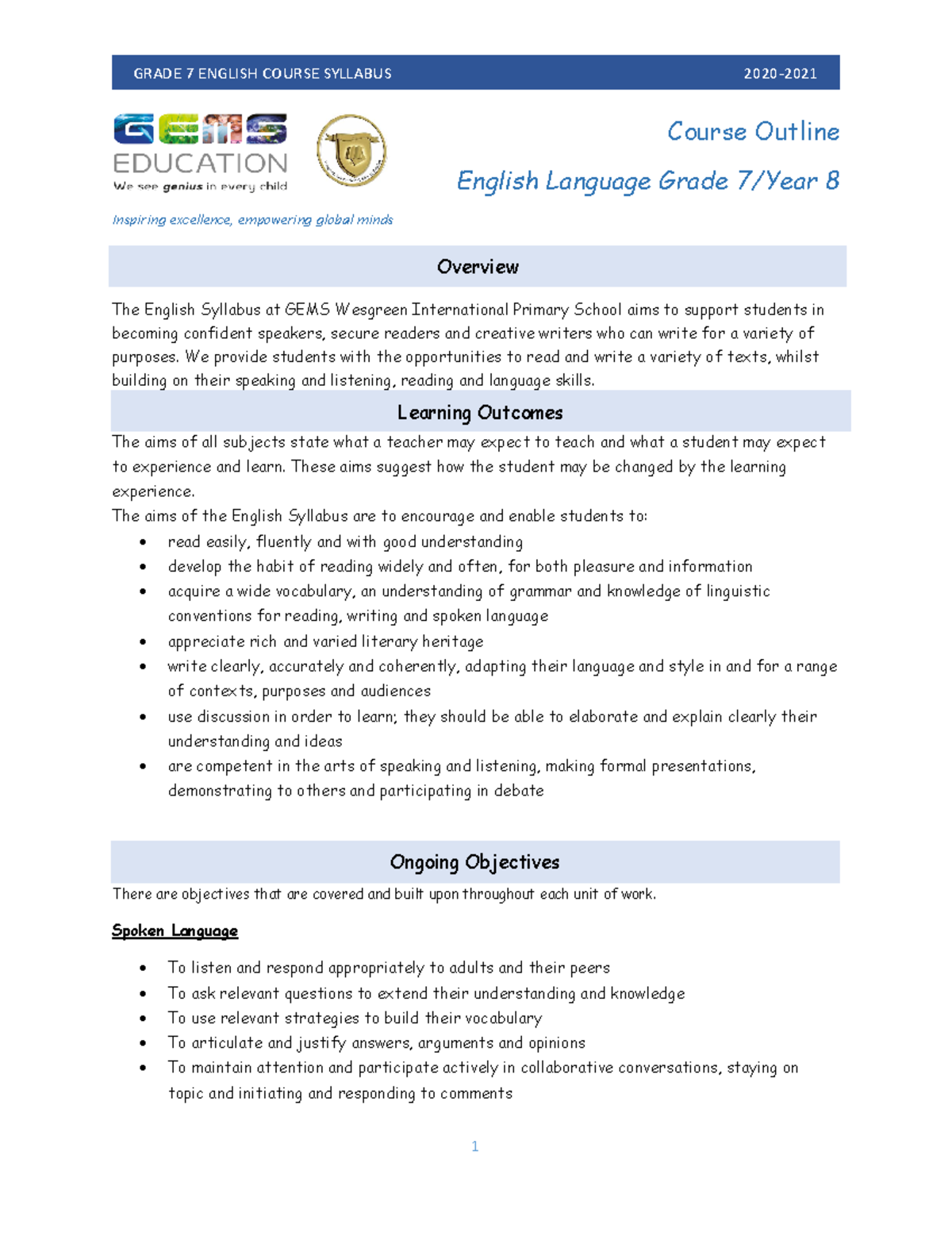 Grade 7 English Language Syllabus Overview 2020-2021 - Course Outline ...