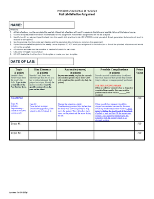 Lab reflections 2 - PN 1020 Fundamentals of Nursing I Post Lab ...