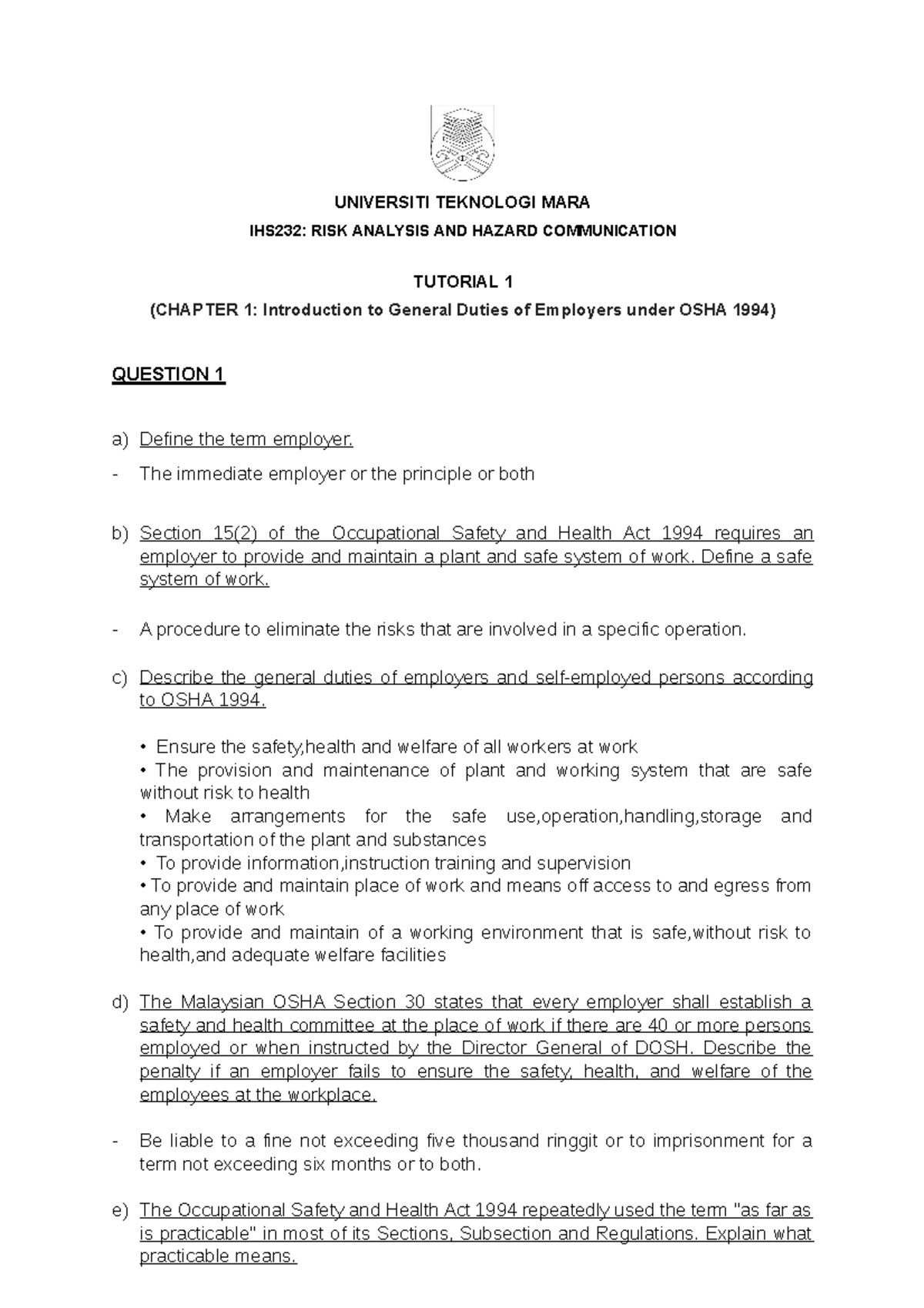 Tutorial 1 IHS 232 - UNIVERSITI TEKNOLOGI MARA IHS232: RISK ANALYSIS ...