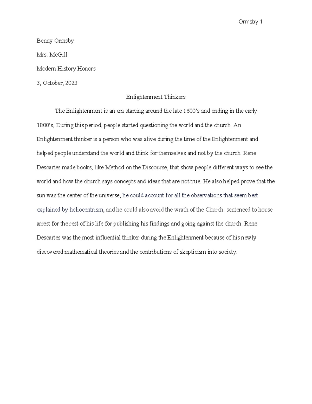 Enlighenment thinkers paper - Ormsby 1 Benny Ormsby Mrs. McGill Modern ...