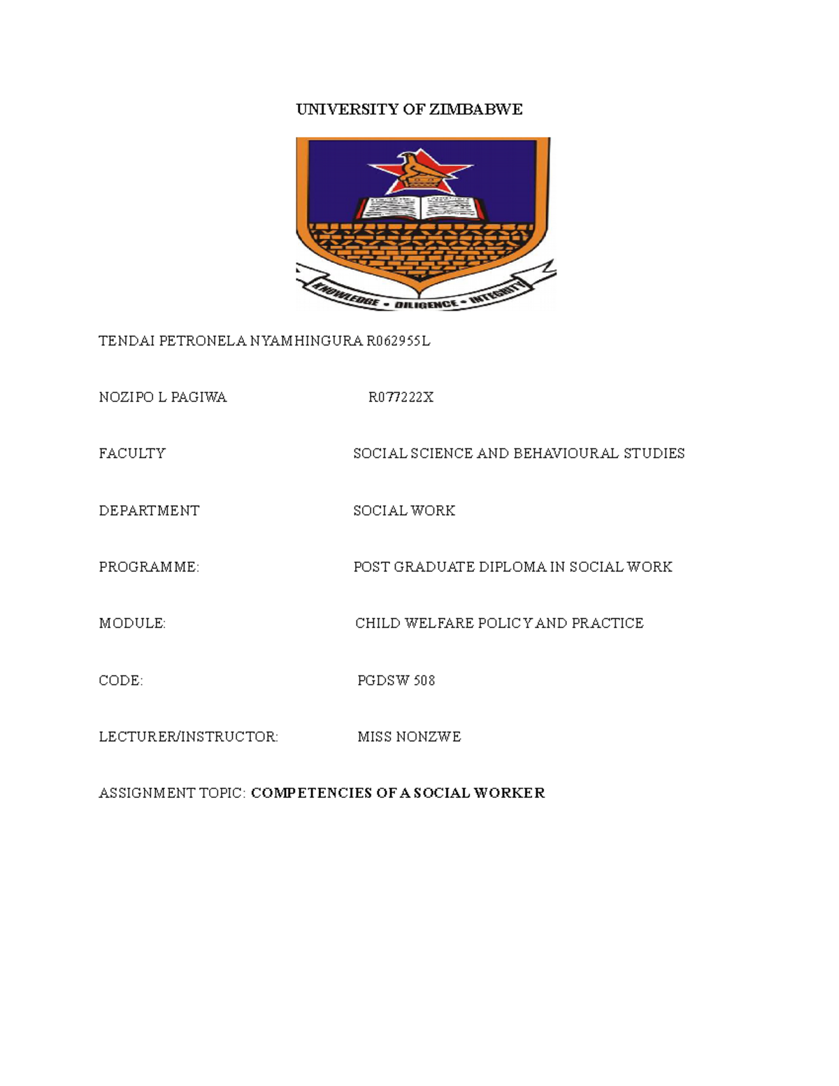 Social WORK Competencies - UNIVERSITY OF ZIMBABWE TENDAI PETRONELA ...