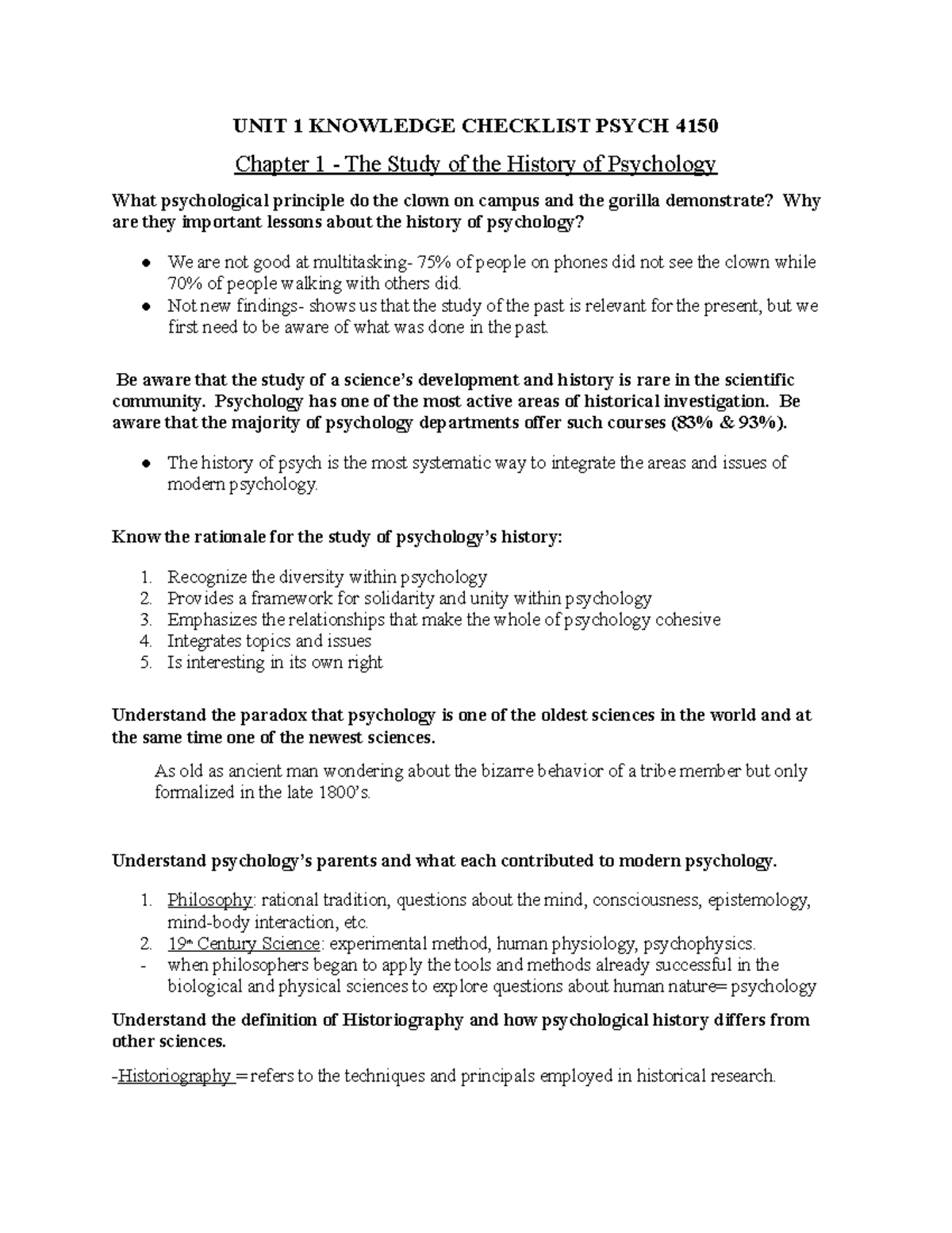UNIT 1 Knowledge Checklist PSYCH 415 0 - UNIT 1 KNOWLEDGE CHECKLIST ...