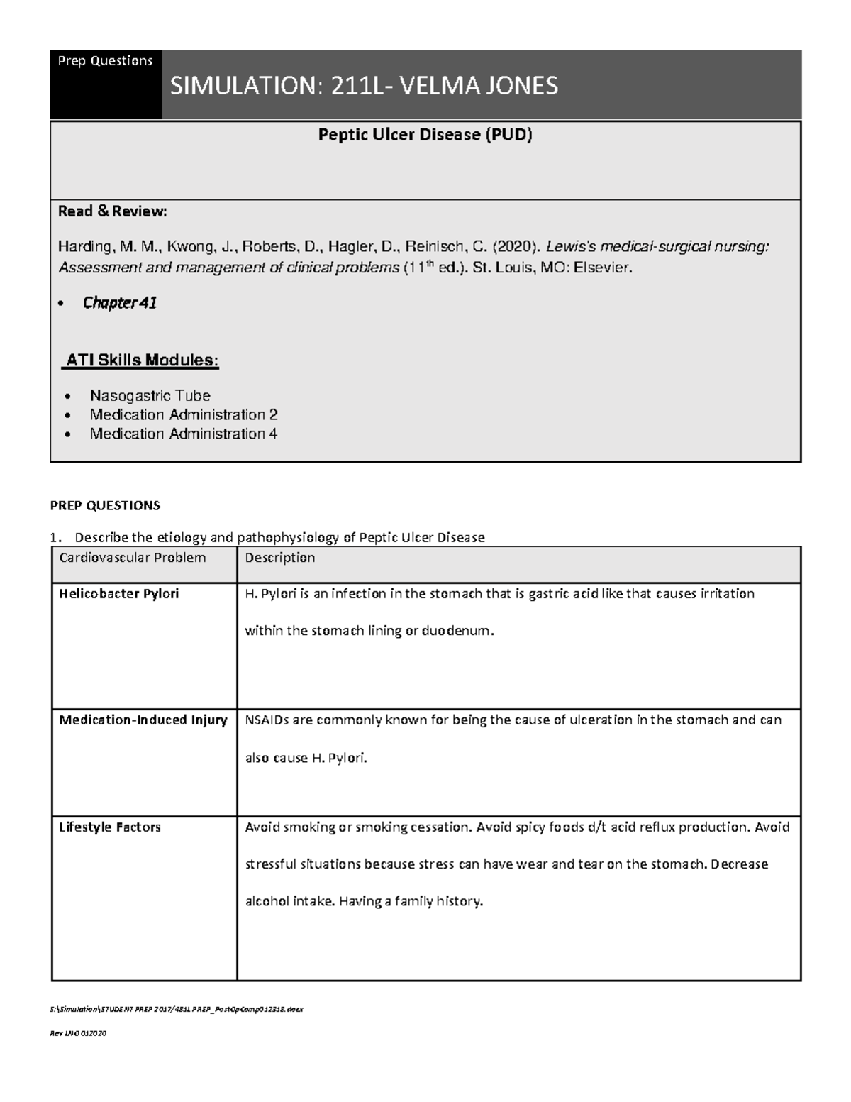 Prep Work #5 Velma Jones - S:\Simulation\STUDENT PREP 2017/481L PREP ...