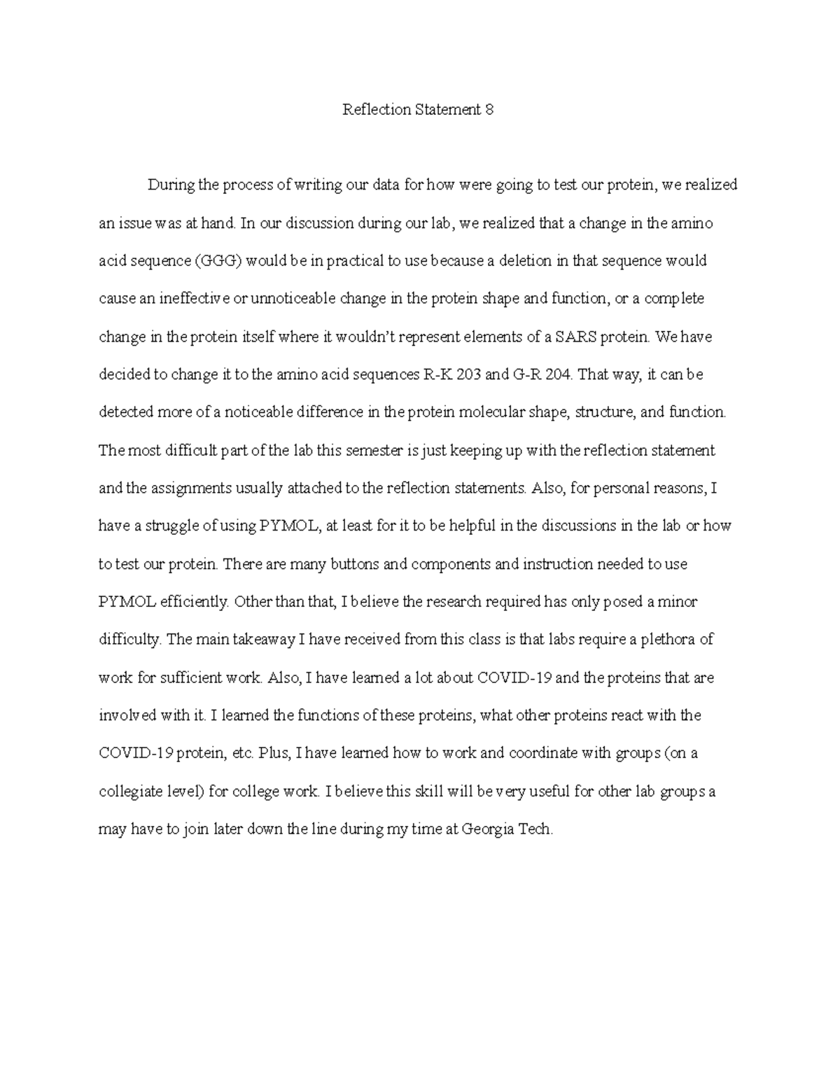 Reflection Statement 8 - In our discussion during our lab, we realized ...