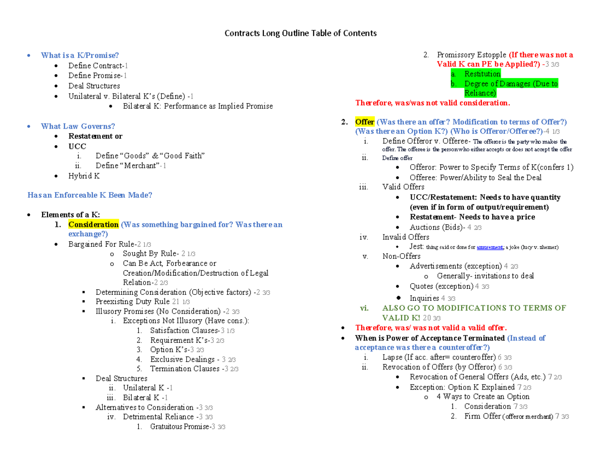 Attack outline - What is a K/Promise? Define Contract- 1 Define Promise- 1 Deal Structures - Studocu