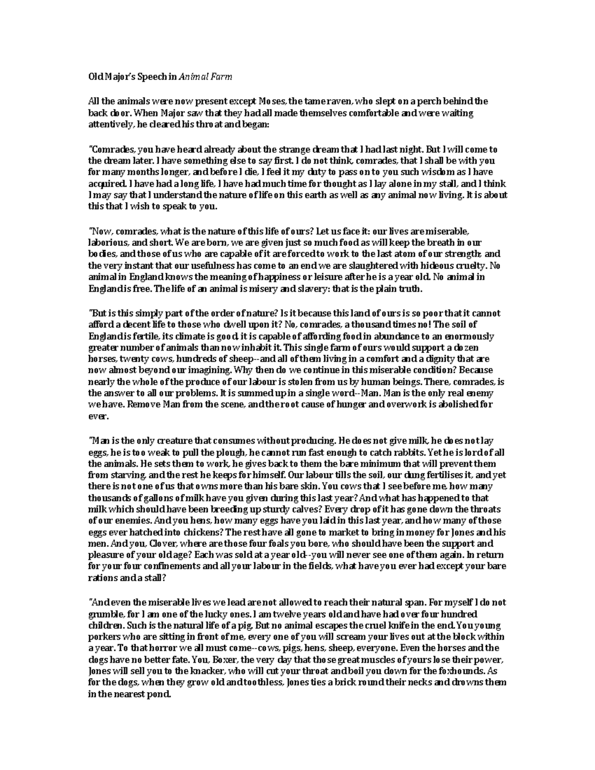 Old Major’s Speech in Animal Farm - Old Major’s Speech in Animal Farm ...