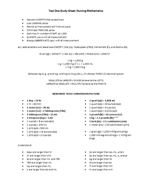 Nursing+Mathematics+Test+One+Study+Sheet - Test One Study Sheet ...