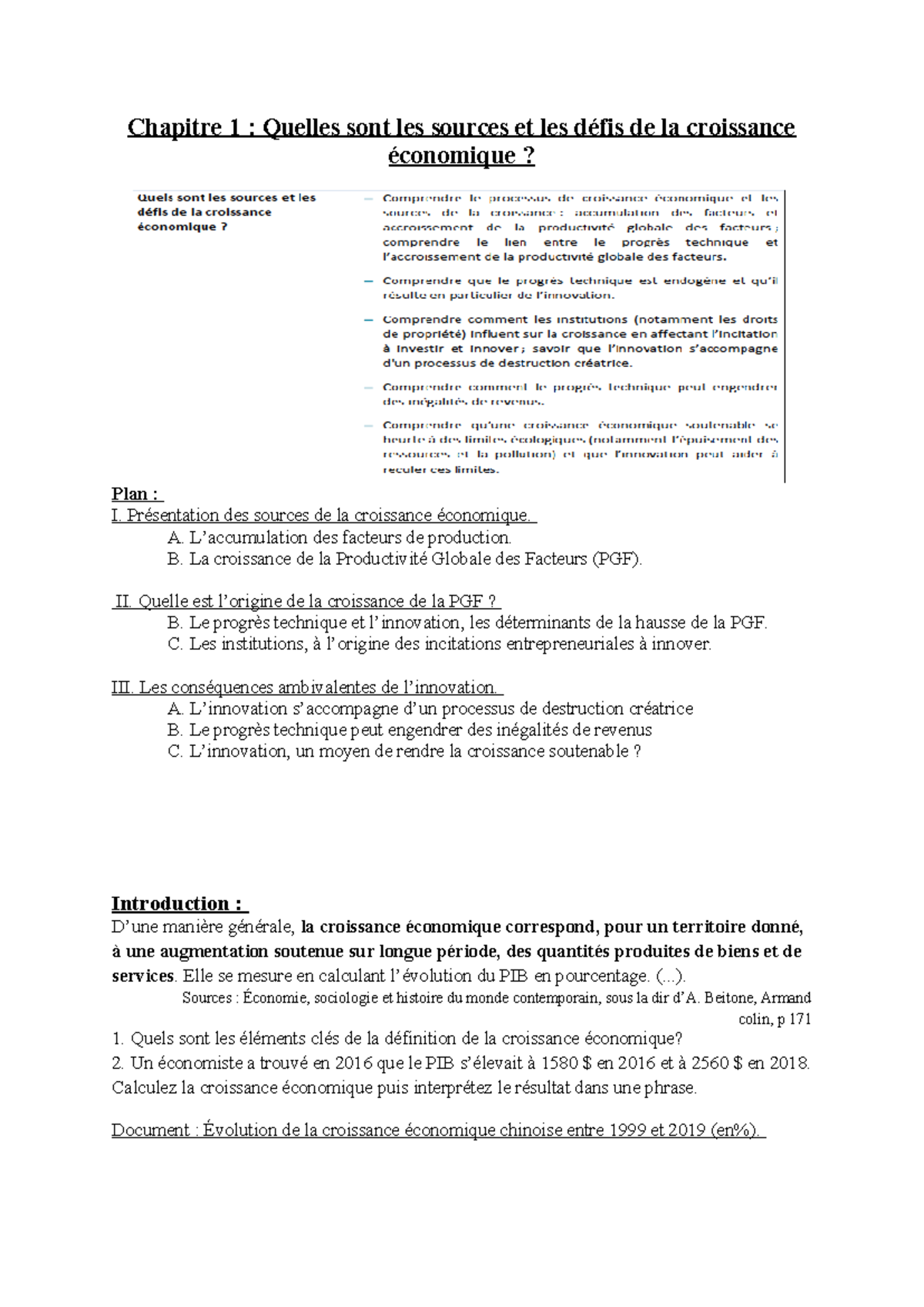 Chapitre 1 ses - Notsa - Chapitre 1 : Quelles sont les sources et les défis de la croissance ...