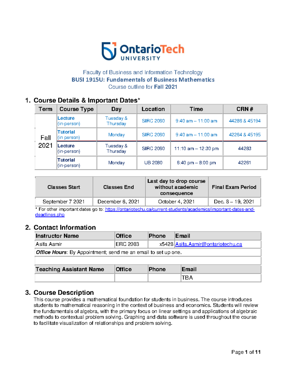Fall 2021 1915U Course Outline - Aamir - Faculty of Business and ...