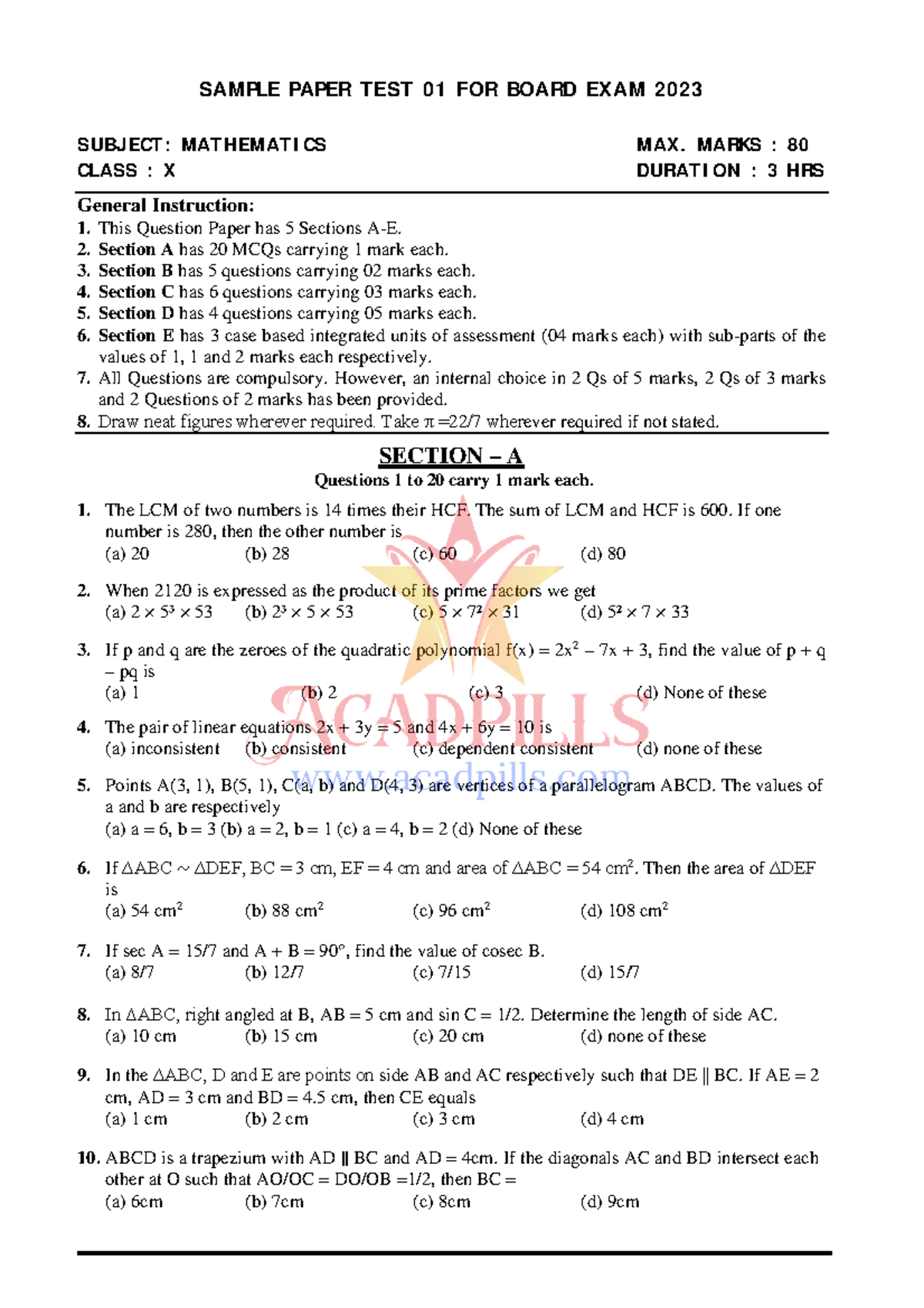 Math sample papers with solutions - SUBJ ECT: MATHEMATI CS MAX. MARKS ...