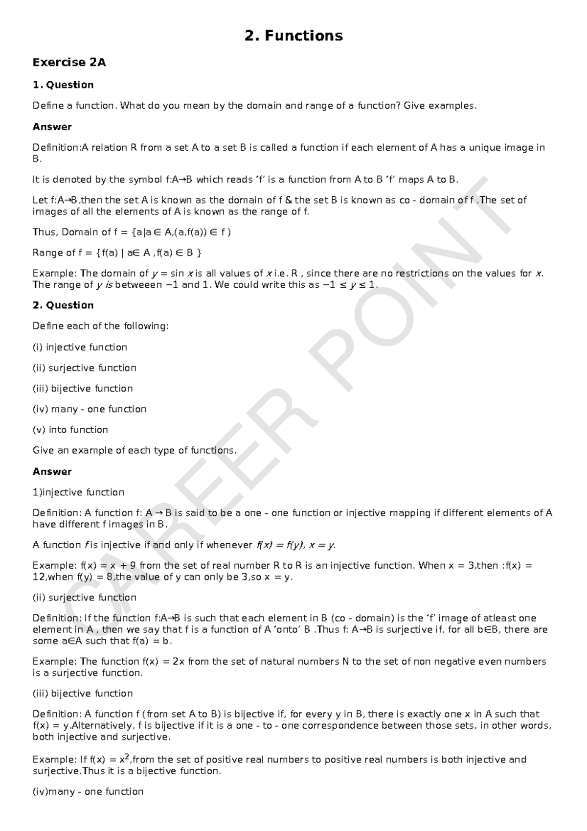 2461783 Chapter - 2 Functions - CAREER POINT 2. Functions Exercise 2A ...