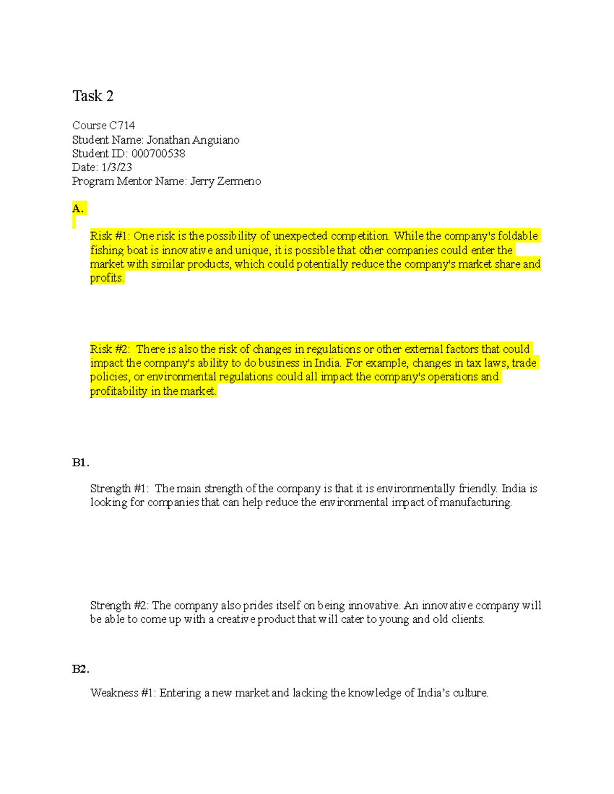 C714-D081 Task 2 1-3-23 - Task 2 Course C Student Name: Jonathan ...