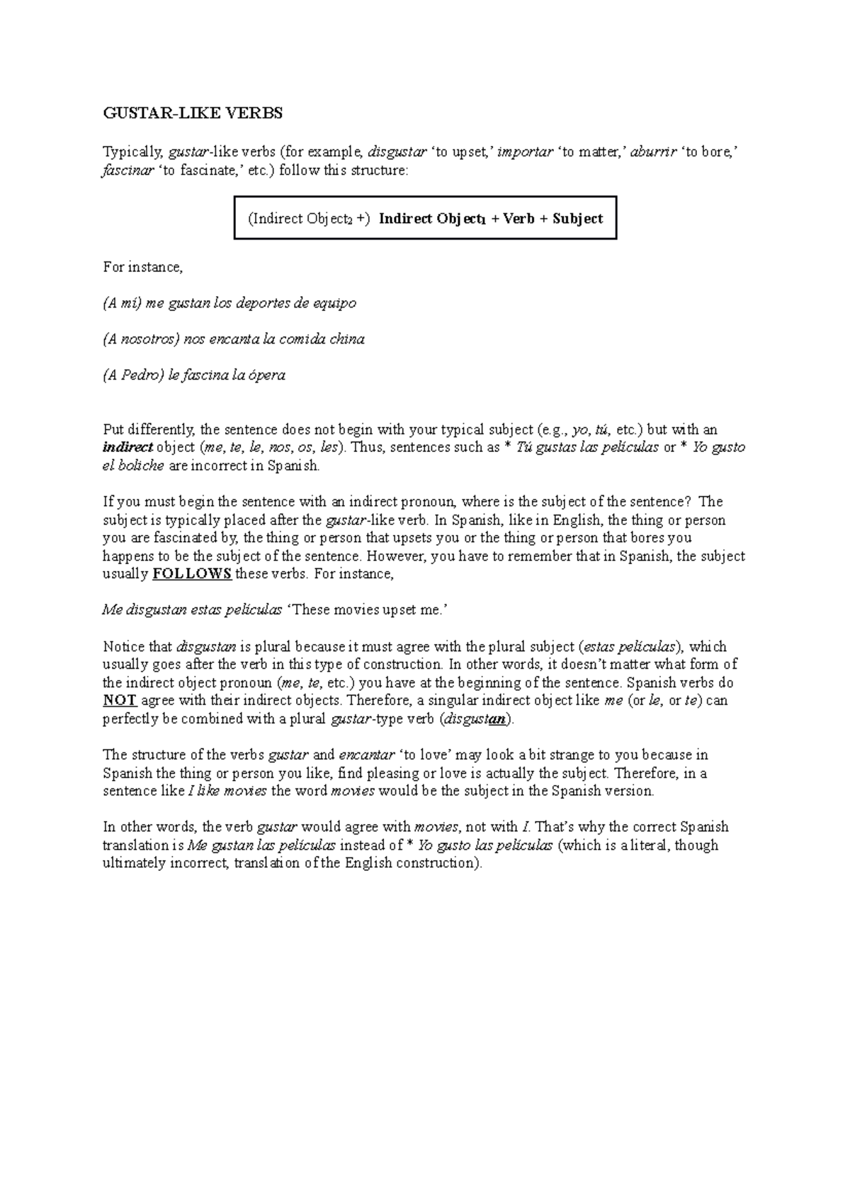 Notes on gustar-like verbs (SPAN 2312-Fall 2018 ) - GUSTAR-LIKE VERBS ...