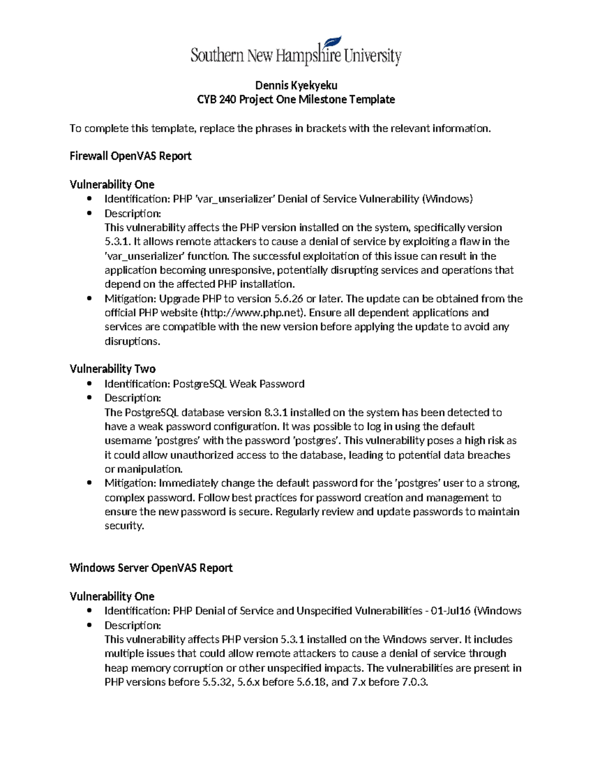 Cyb 240 Project One Milestone Vulnerability Dennis Kyekyeku Cyb 240