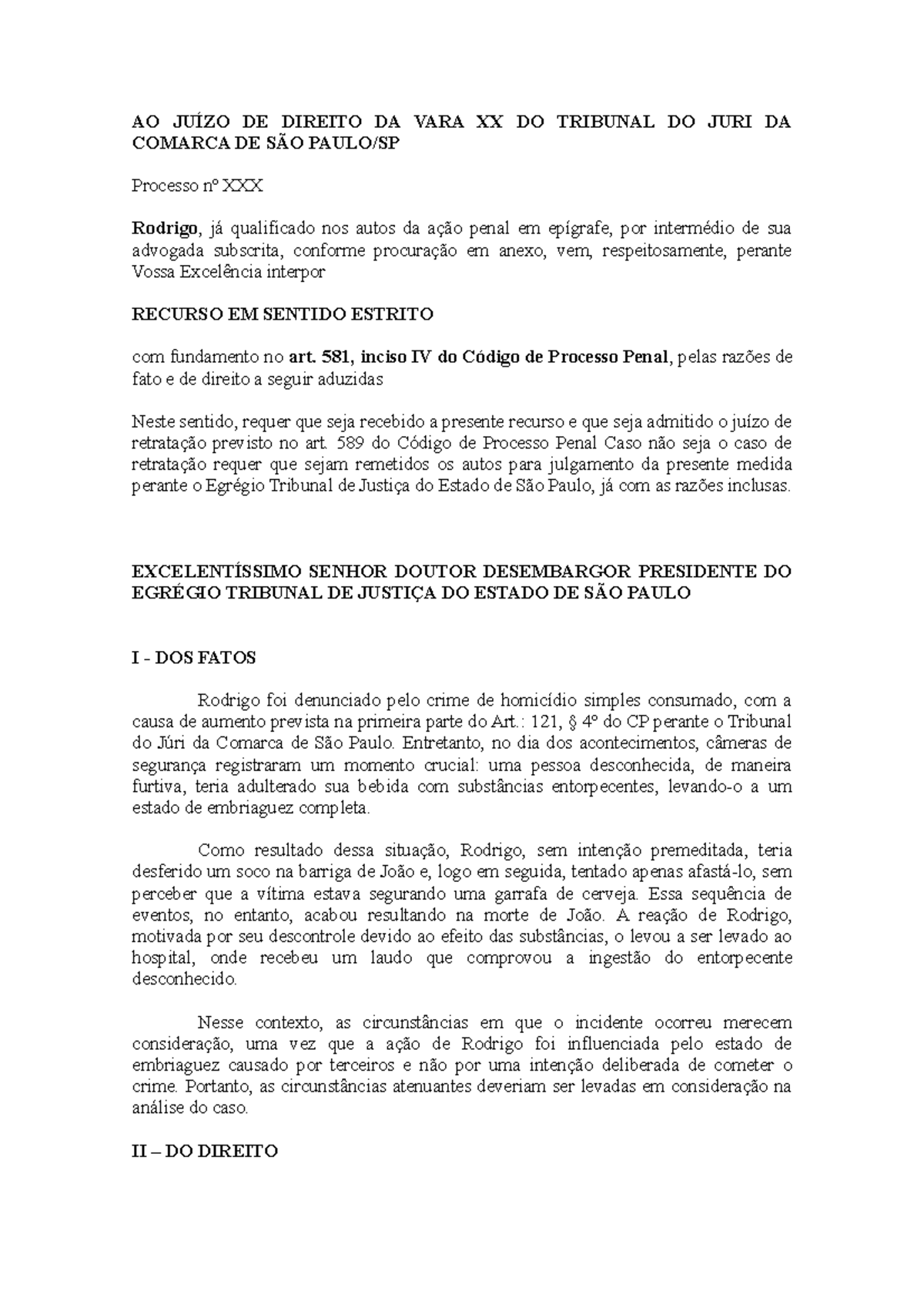 Recurso EM Sentido Estrito. Prova Prática OAB - AO JUÍZO DE DIREITO DA ...
