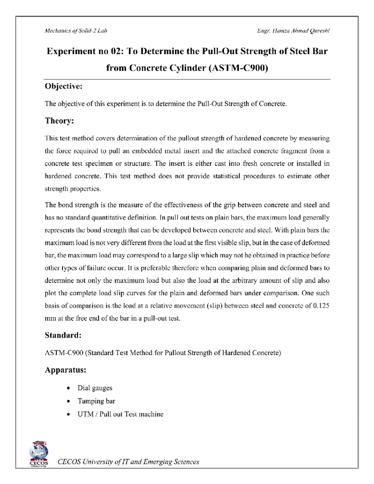 Experiment no 2 Pull out test on steel bar - Solid mechanics - Studocu