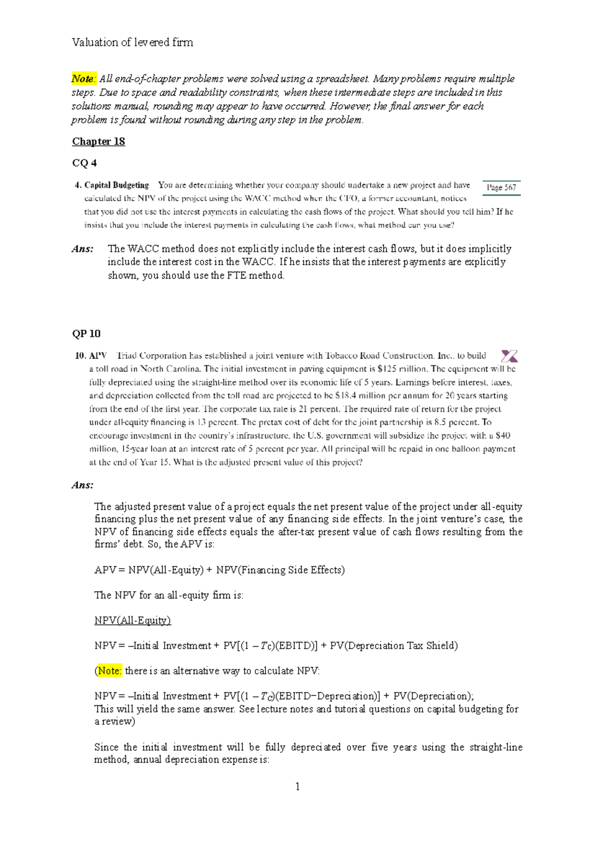 FIN322 S2020 tutorial solutions 5 Valuation of levered firms - Note ...