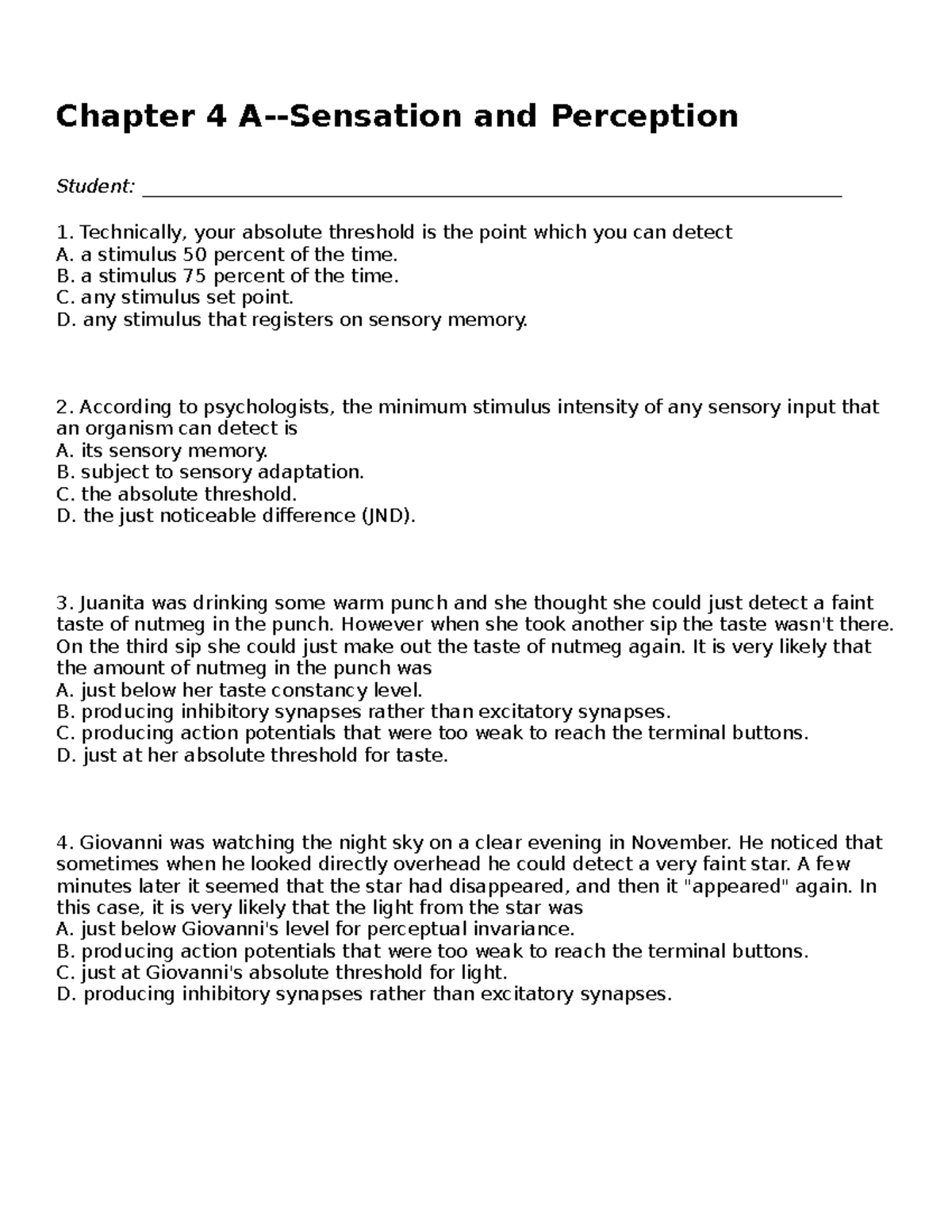 Chapter 4 A-Sensation and - Chapter 4 A-Sensation and Perception ...