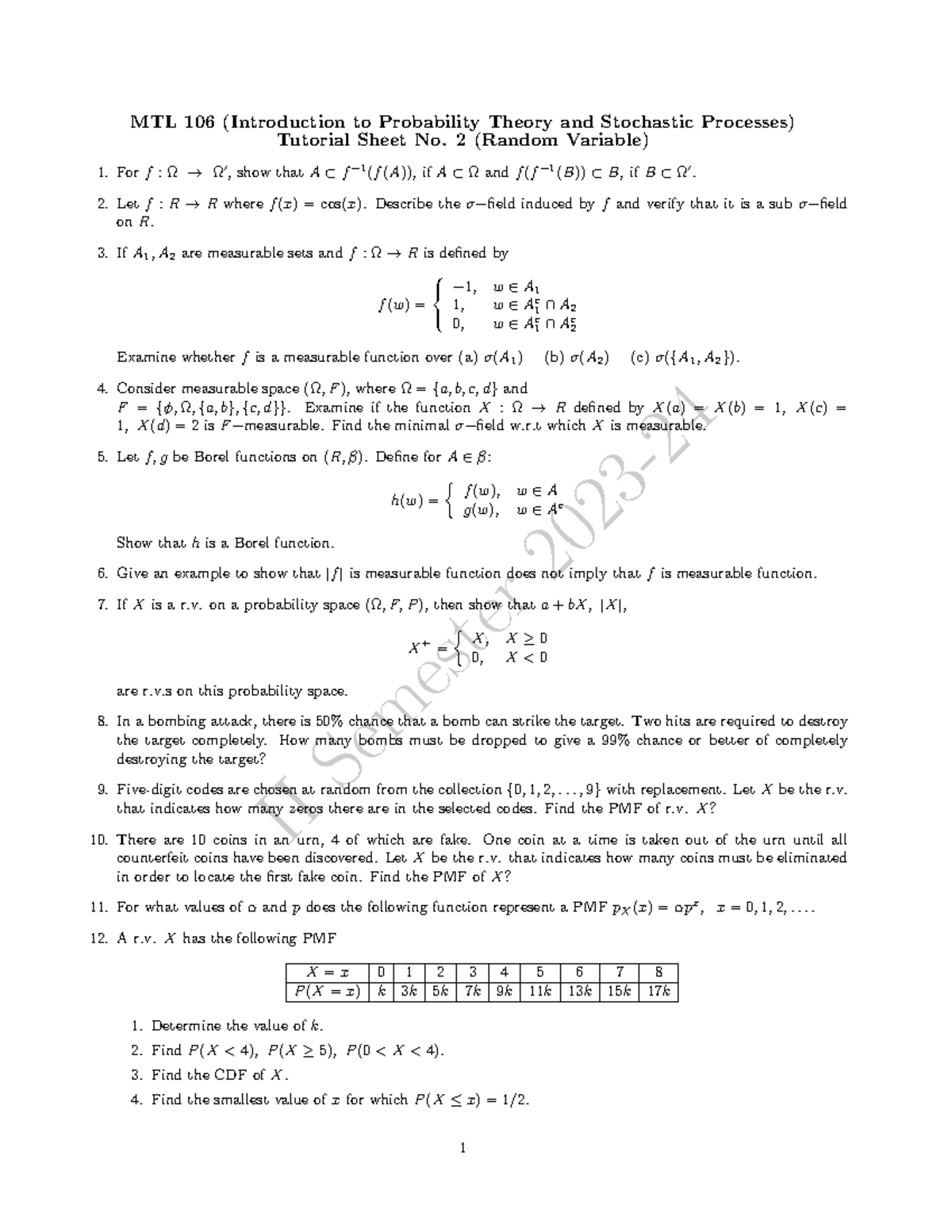 Tutsheet 2new - Tutorials - II Semester 2023- MTL 106 (Introduction to Probability Theory and ...