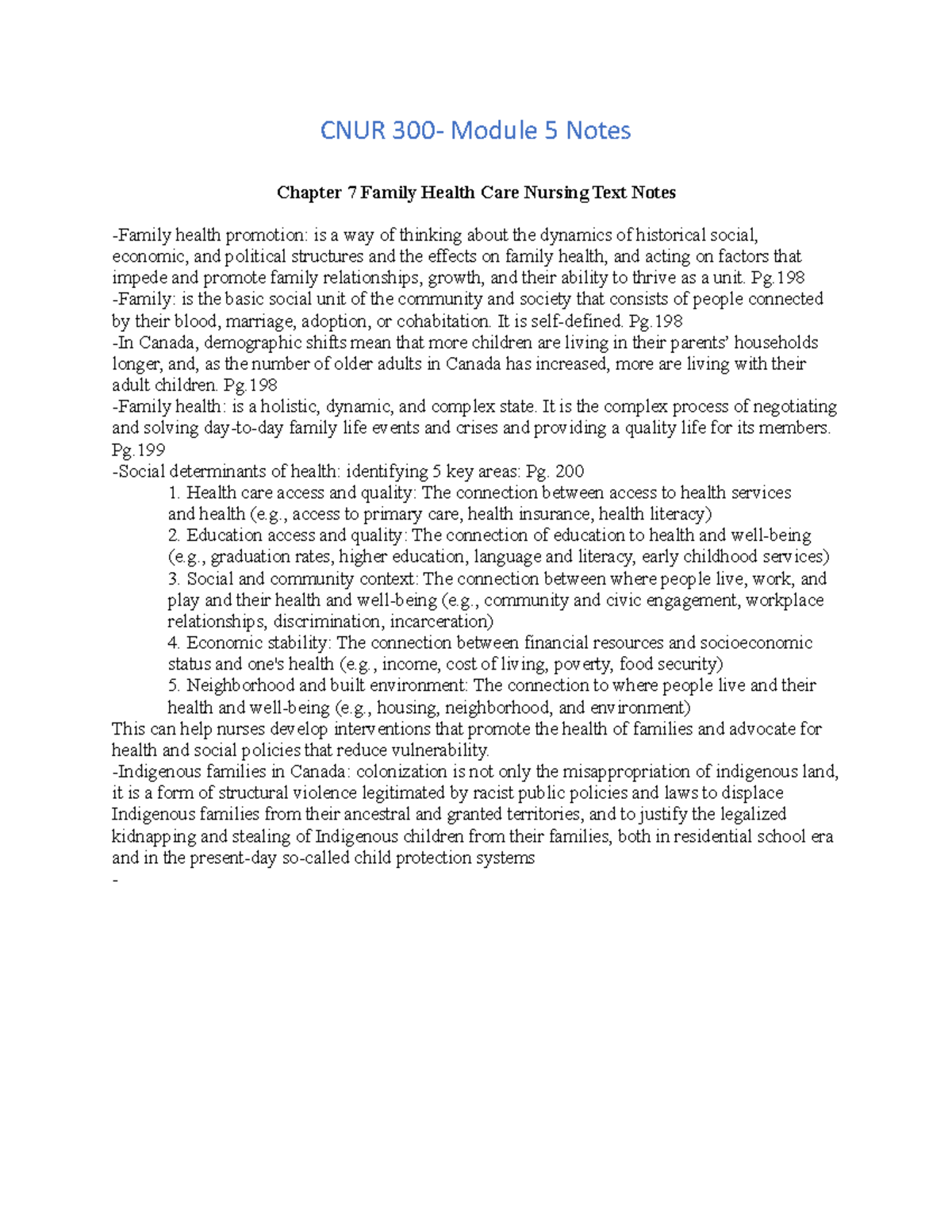 CNUR 300 module 5 notes - CNUR 300- Module 5 Notes Chapter 7 Family ...