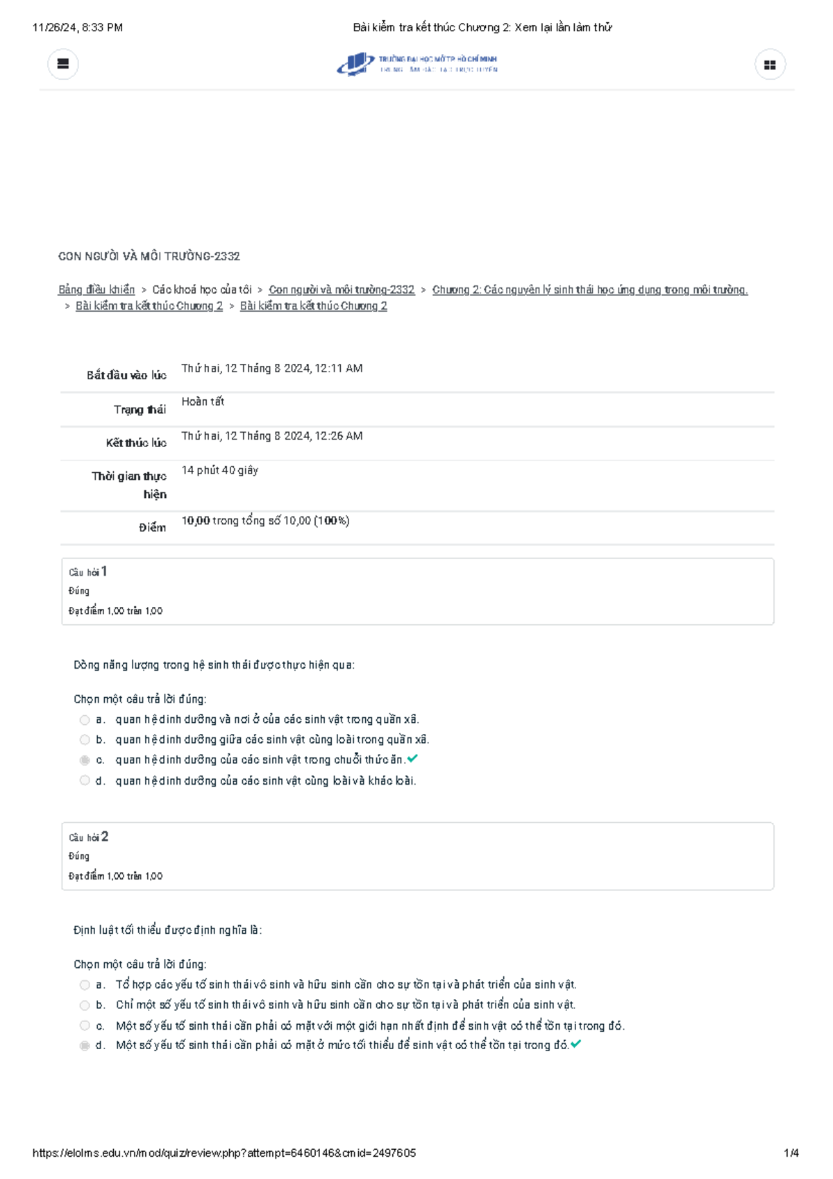 Bài kiểm tra kết thúc Chương 2 Con người và môi trường - Bảng điều ...