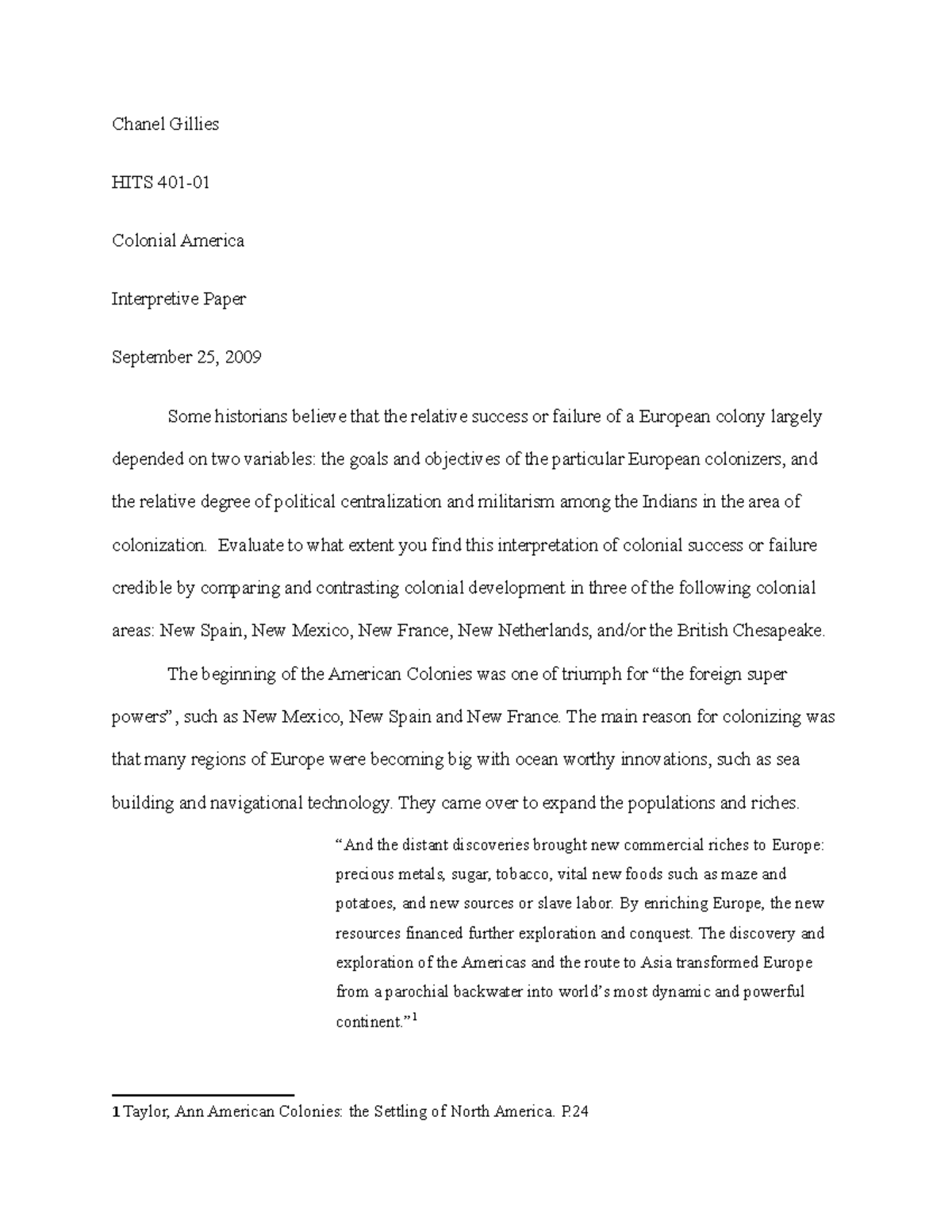 Colonial Paper I HIST 401 - Chanel Gillies HITS 401- Colonial America ...