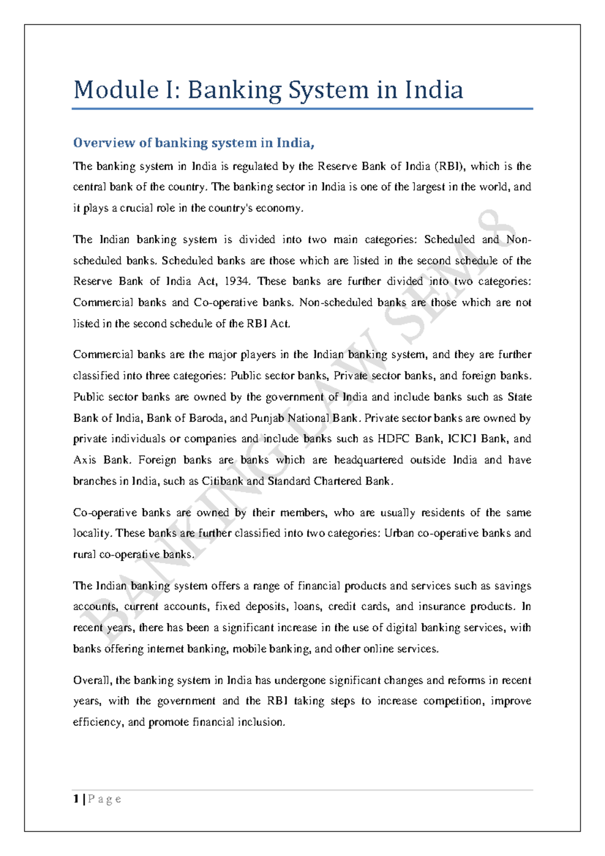 Banking LAW Notes - Semester 9 - Module I: Banking System in India ...