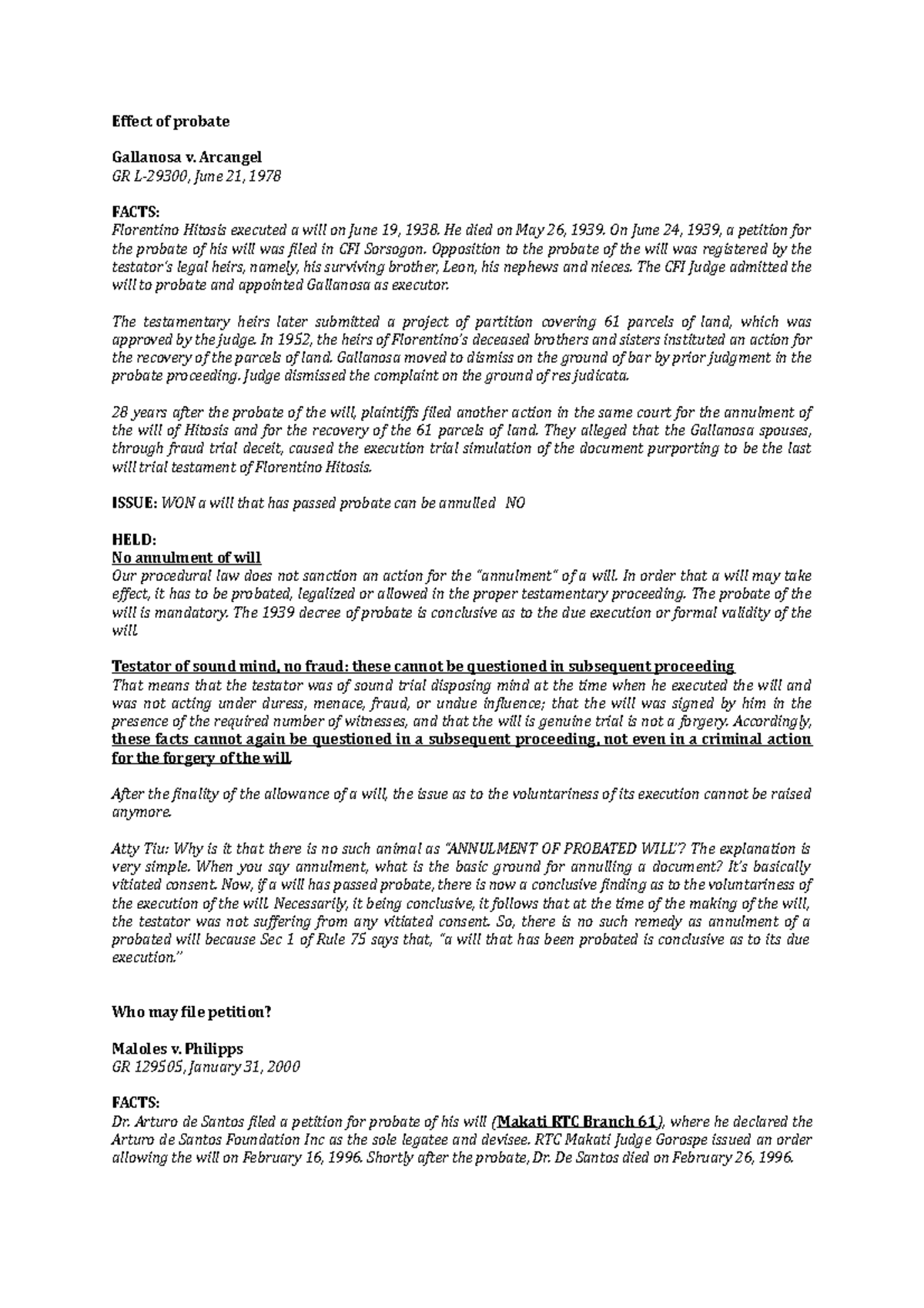 426155214 Gallanosa vs Arcangel - Effect of probate Gallanosa v ...
