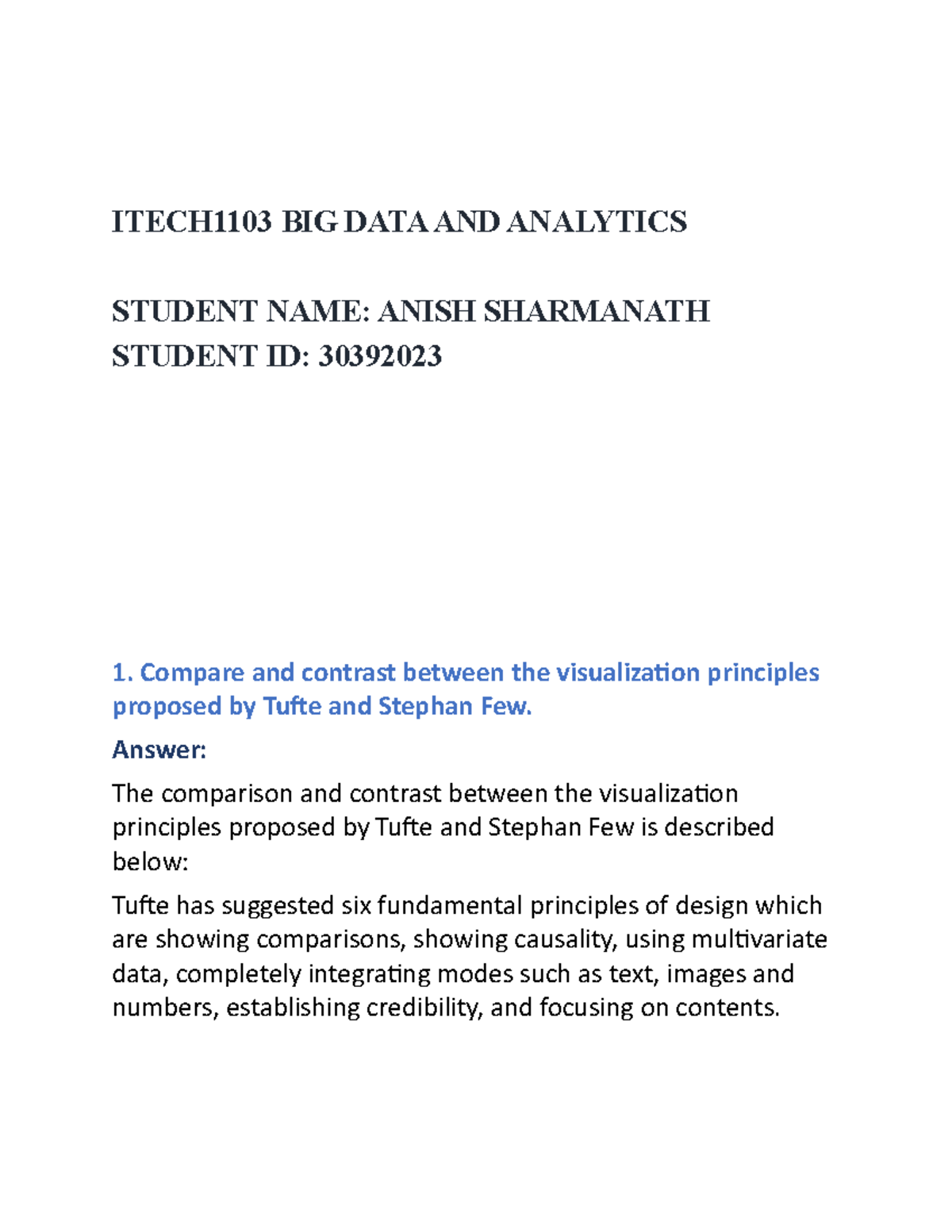 Itech 1103 30392023 Anishsharma - ITECH1103 BIG DATA AND ANALYTICS STUDENT NAME: ANISH ...