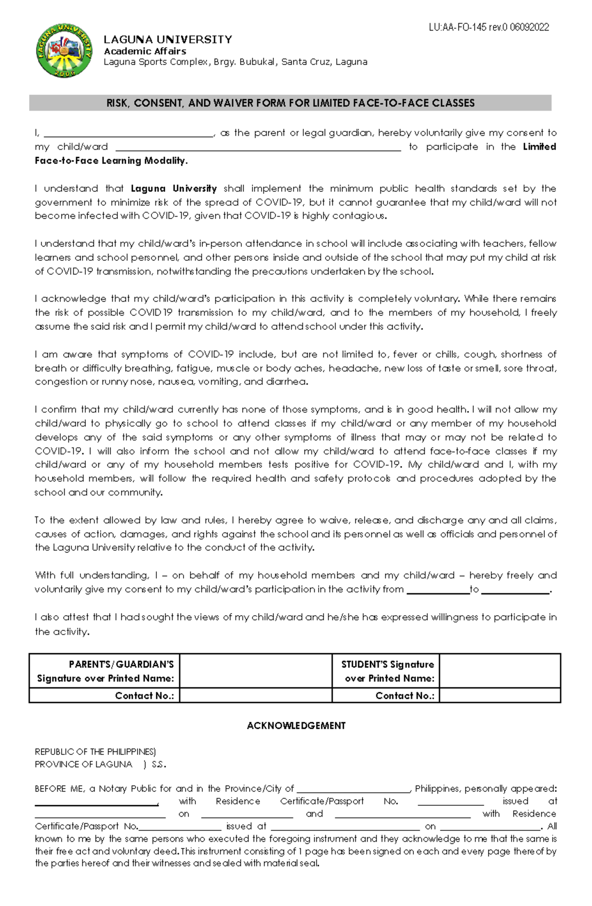LU AA FO 145 Risk Consent and Waiver Form for Limited Face to Face Classes 1 - LU:AA-FO-145 rev ...