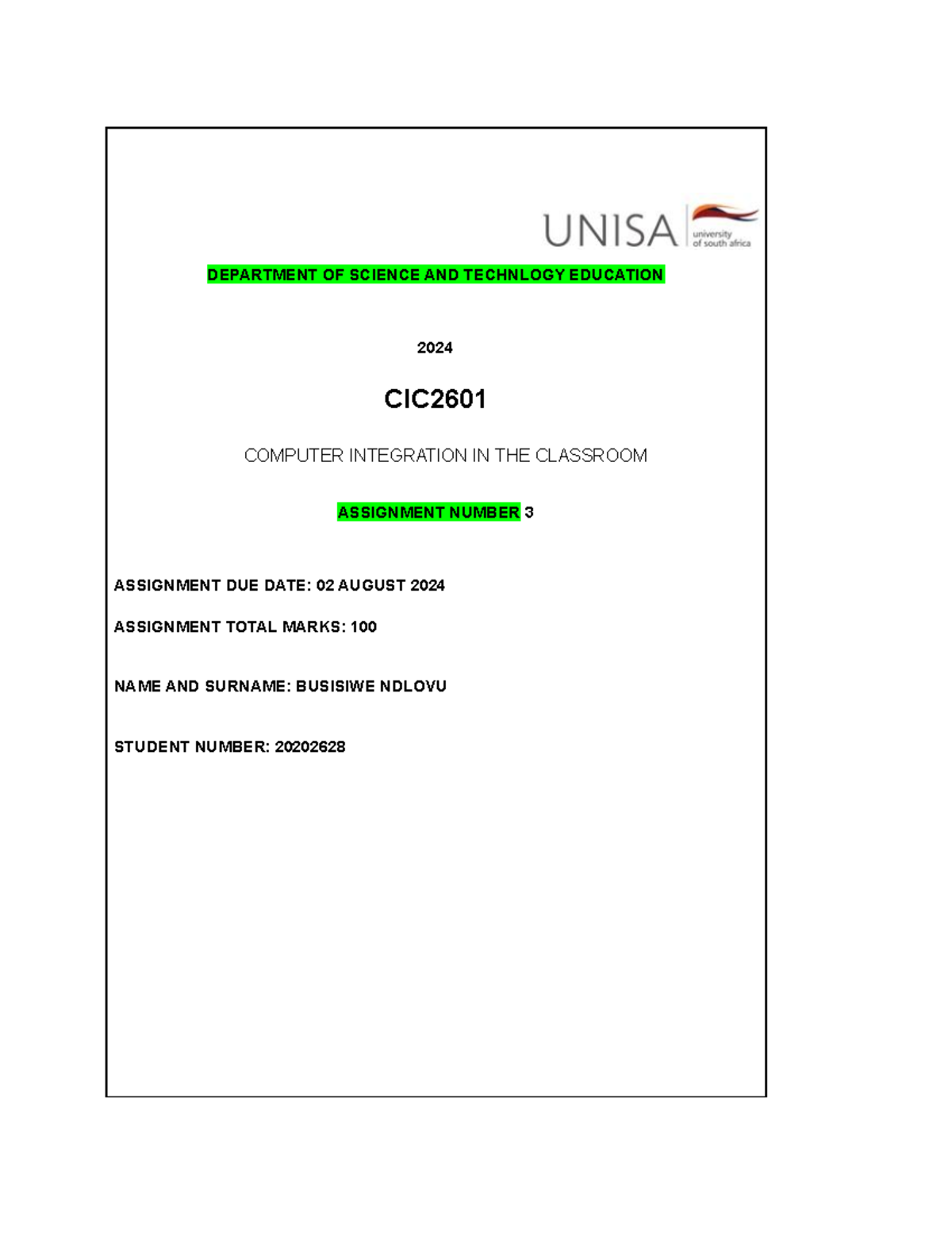 CIC2601 Assignment 3 d07617942 a297a749e57ea6908ecabfe - DEPARTMENT OF SCIENCE AND TECHNLOGY ...