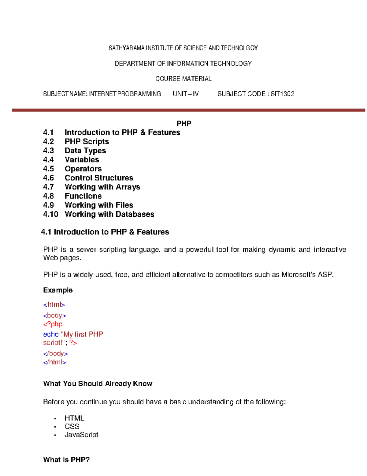 UNIT4 - Php introduction - SATHYABAMA INSTITUTE OF SCIENCE AND ...