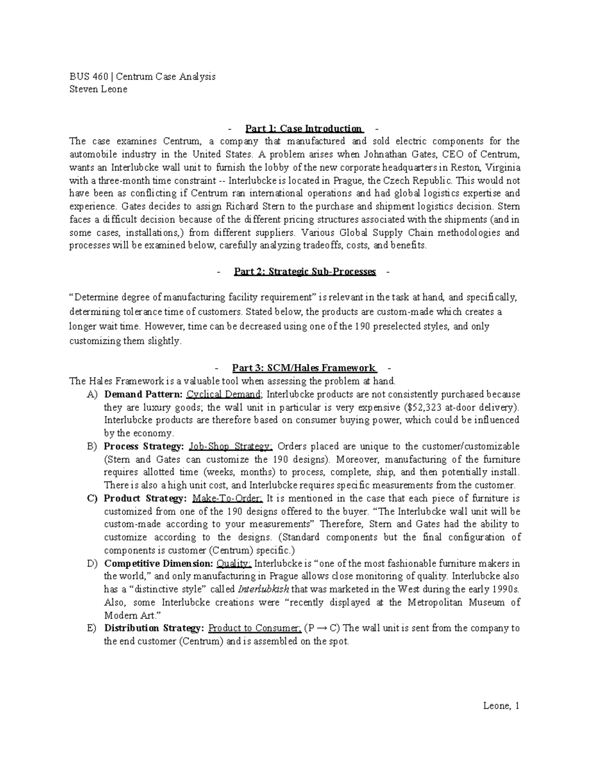 Centrum Case Study - BUS 460 | Centrum Case Analysis Steven Leone - Part 1: Case Introduction ...