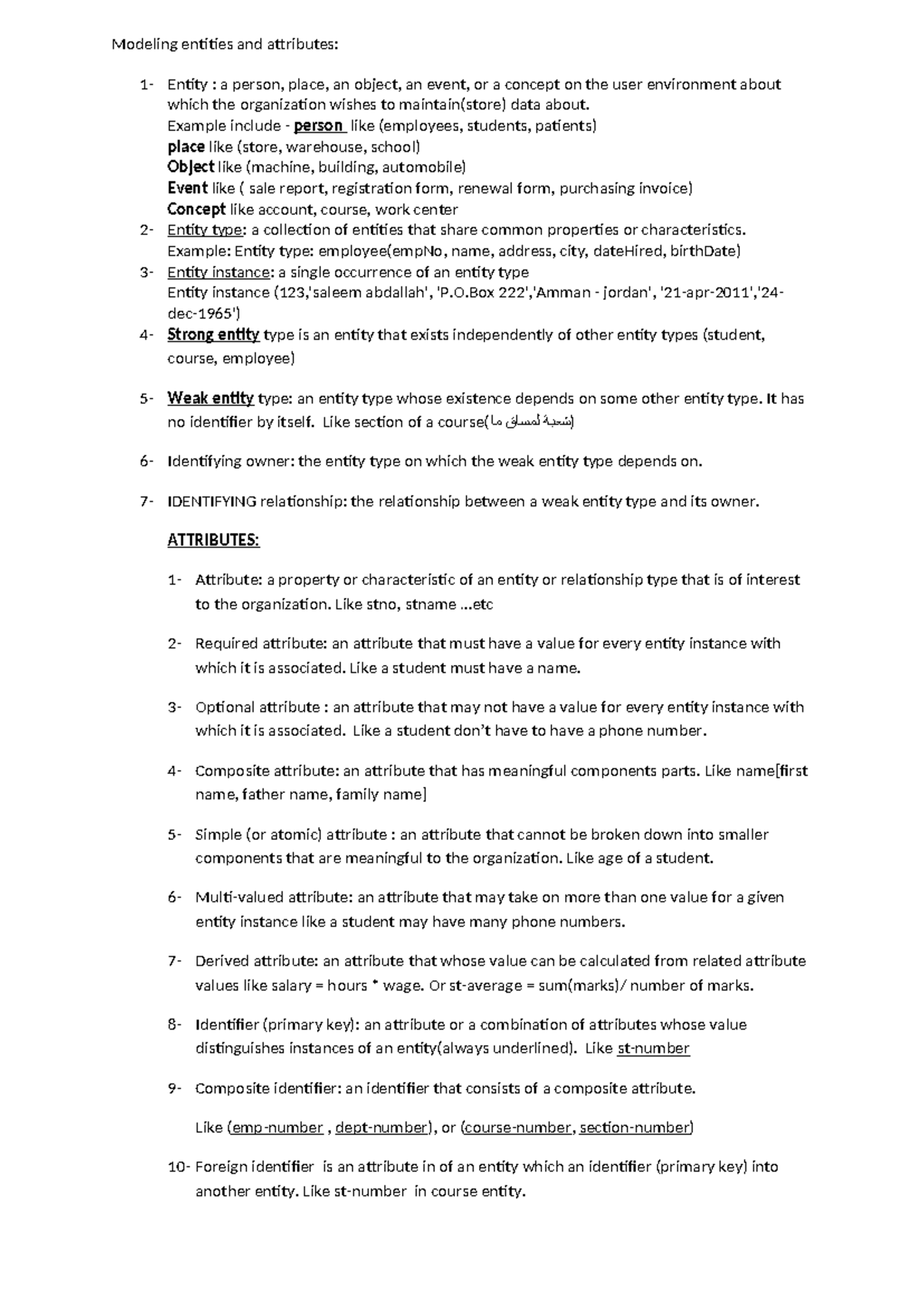 Modeling entities and attributes - Example include - person like ...
