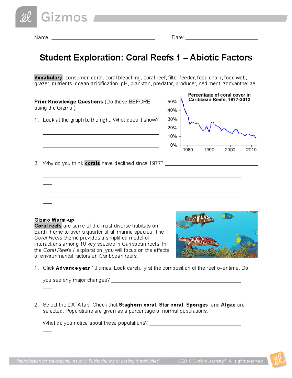 Coral Reef 1SE 1 - fully done - Name: Date: Student Exploration: Coral ...