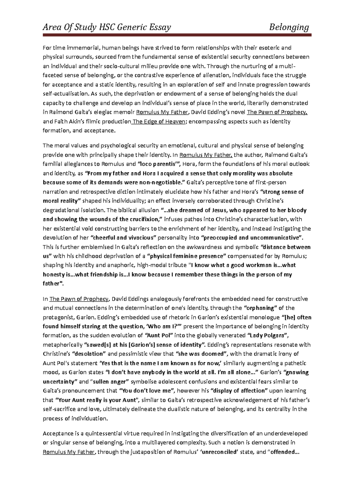 HSC Essay 1 - Area of Study - Area Of Study HSC Generic Essay Belonging ...