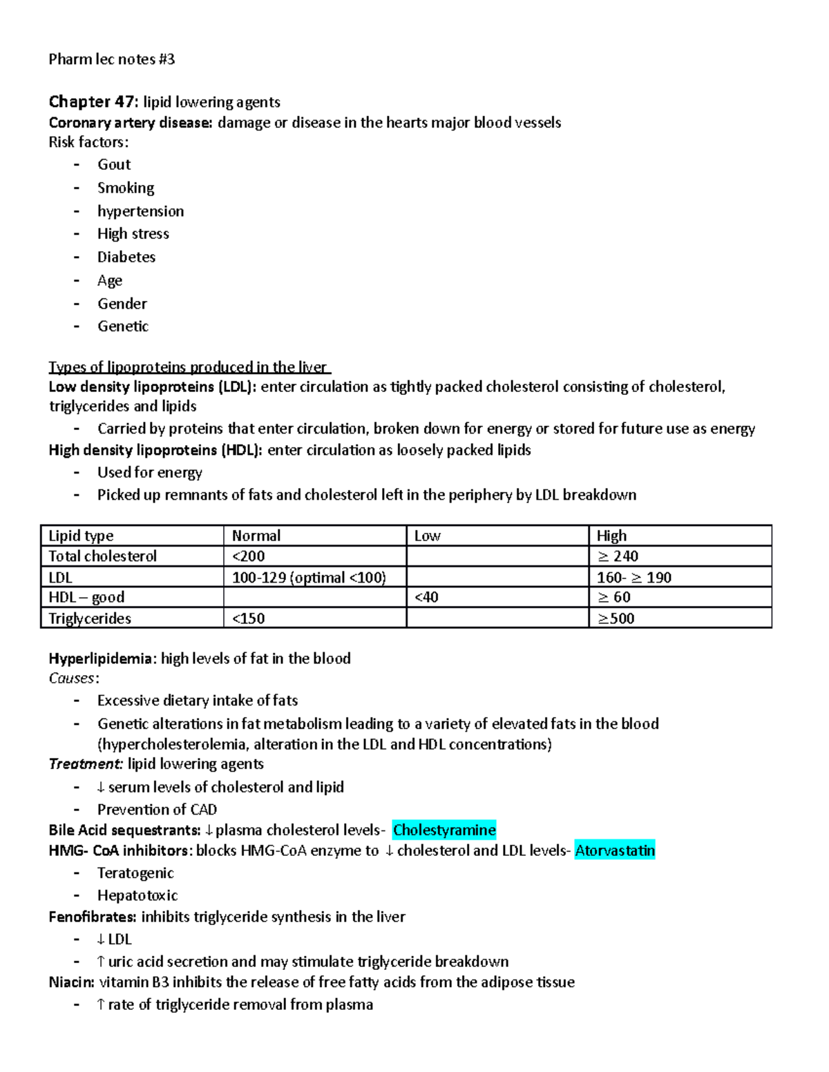 Pharm lec notes #3 - mark daco - Chapter 47: lipid lowering agents ...