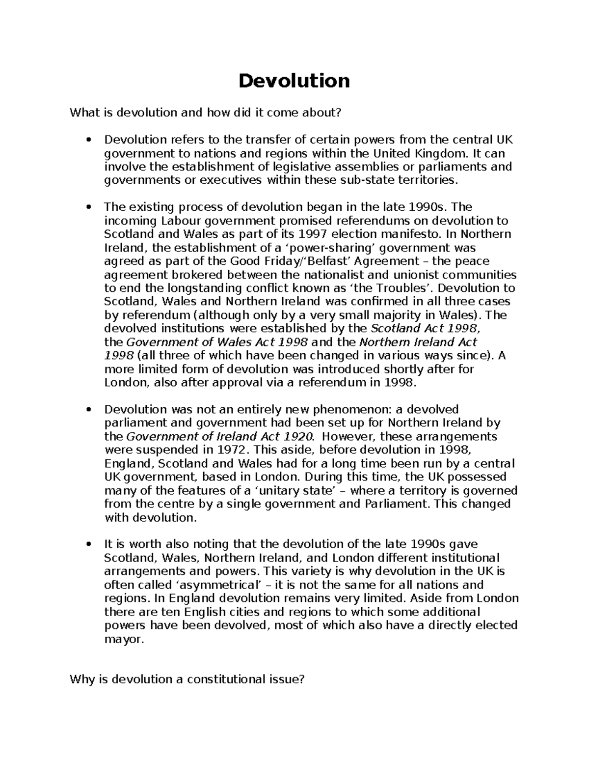 Devolution - It can involve the establishment of legislative assemblies or parliaments and - Studocu