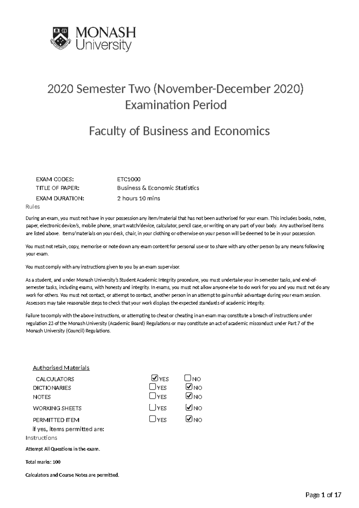 ETC1000 - 2020 Sem 2 - 2020 Semester Two (November-December 2020) Examination Period Faculty of ...