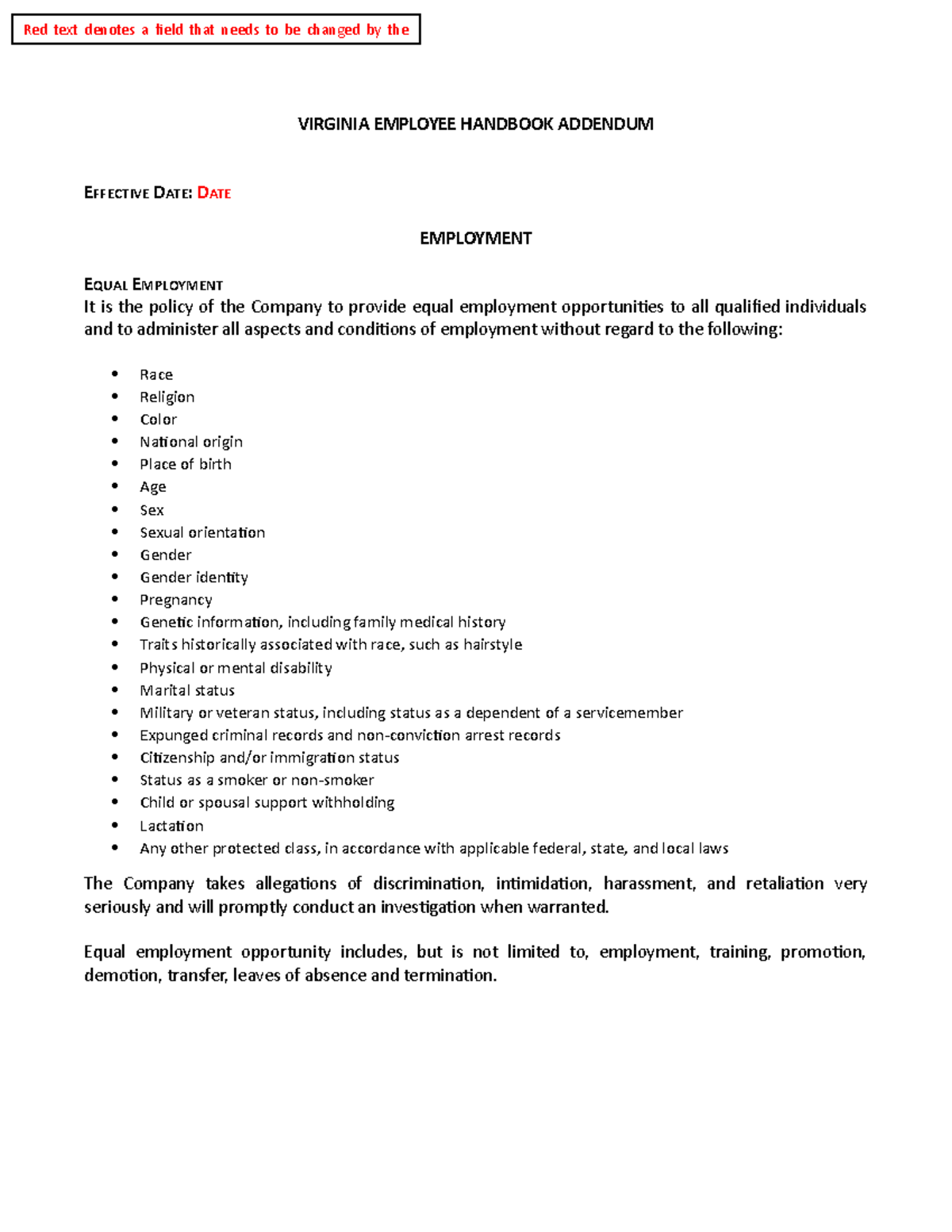 Virginia Handbook Addendum - Red text denotes a field that needs to be ...