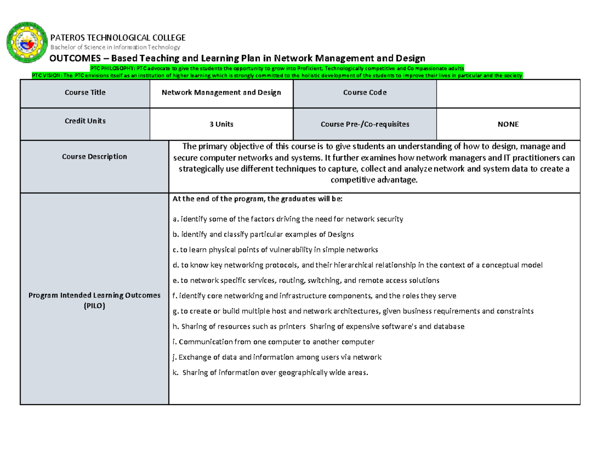 JCC OBTL Network Management and Design - PATEROS TECHNOLOGICAL COLLEGE ...