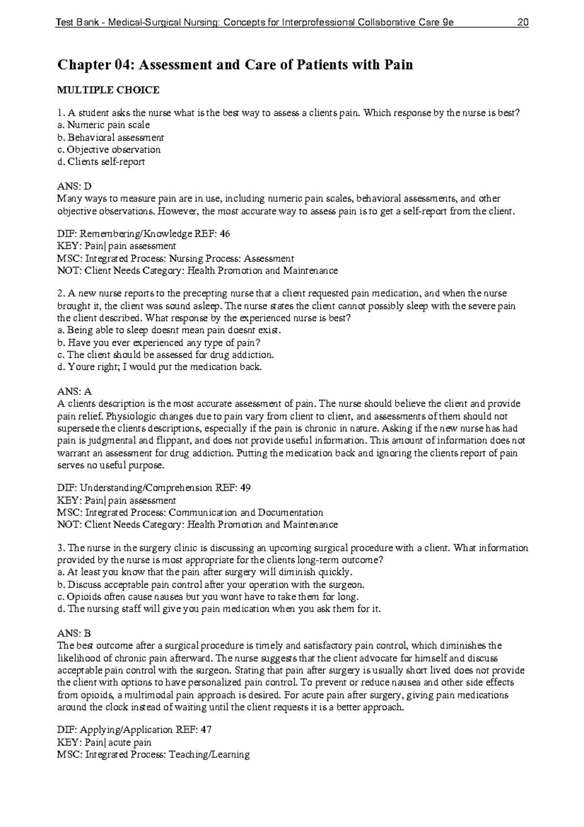 Chapter 04 Assessment and Care of Patients with Pain - Chapter 04 ...
