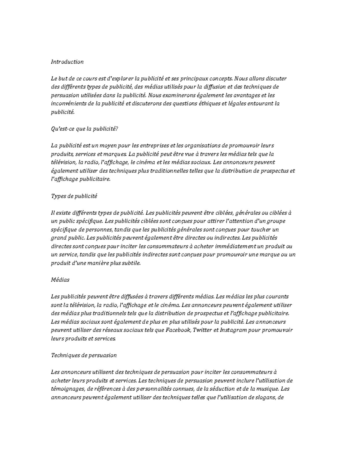 Advertising Study Notes - Introduction Le but de ce cours est d ...