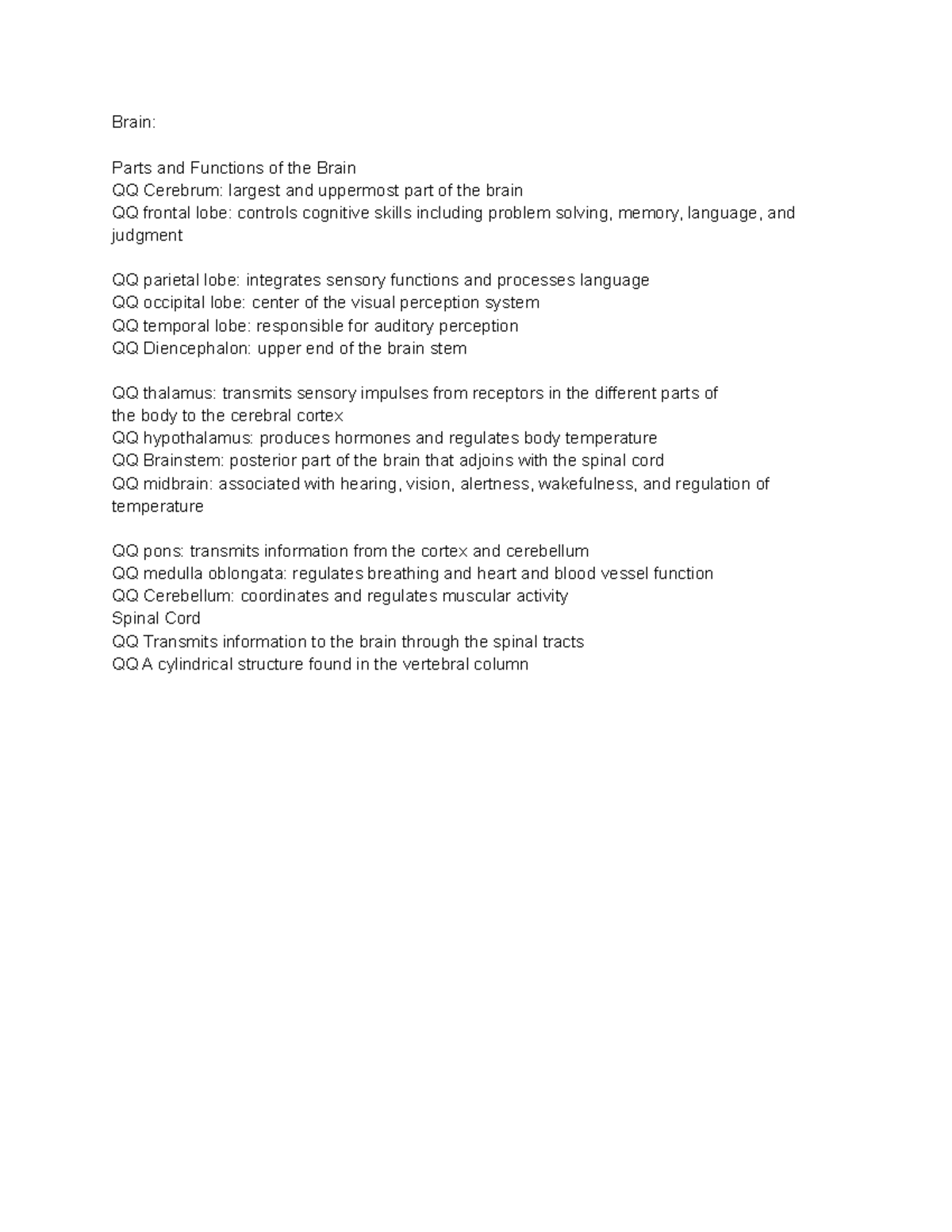 The brain - Medical instructor given lecture notes. - Brain: Parts and ...