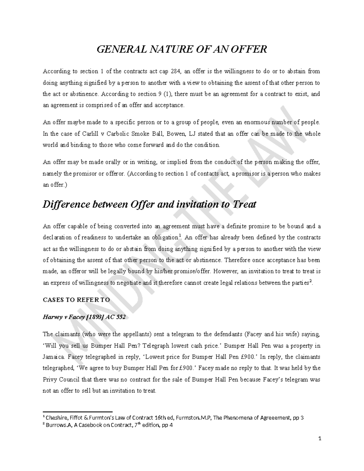 OFFER IN CONTRACTS - GENERAL NATURE OF AN OFFER According to section 1 ...