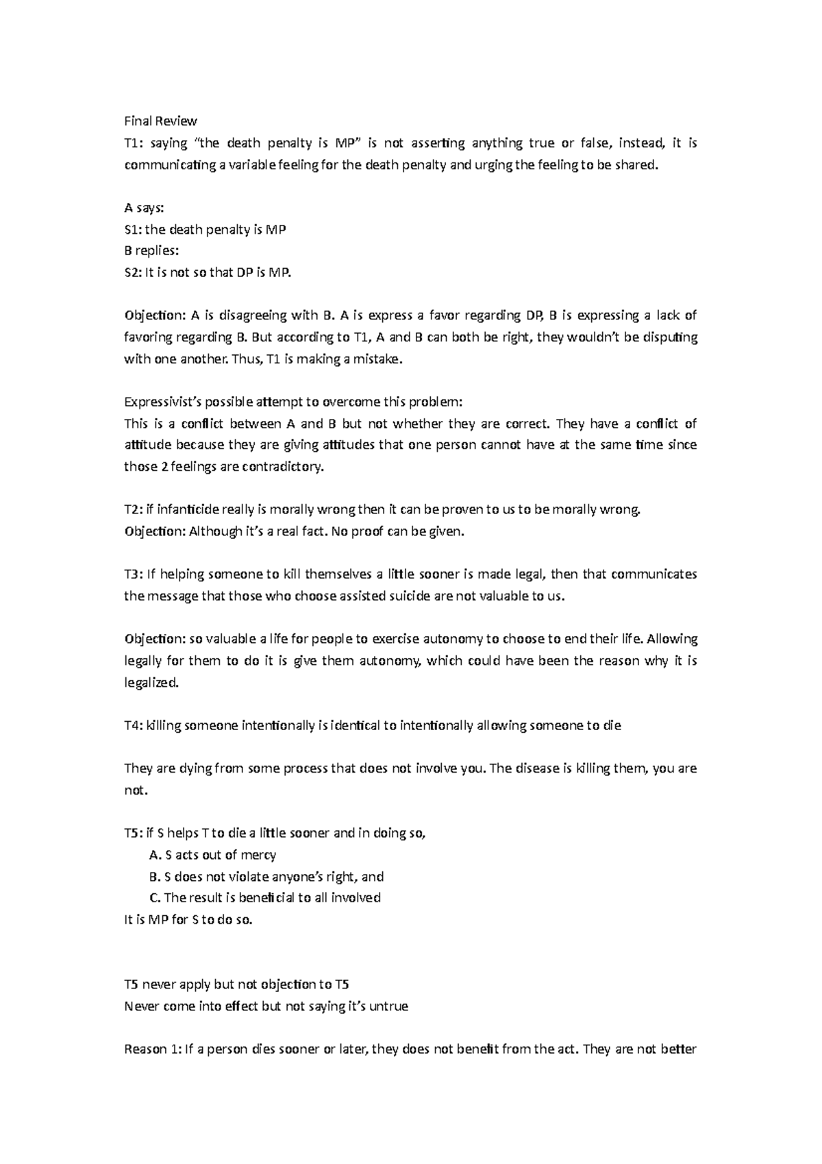 Final Review - Lecturer: Earl Conee - Final Review T1: saying “the ...