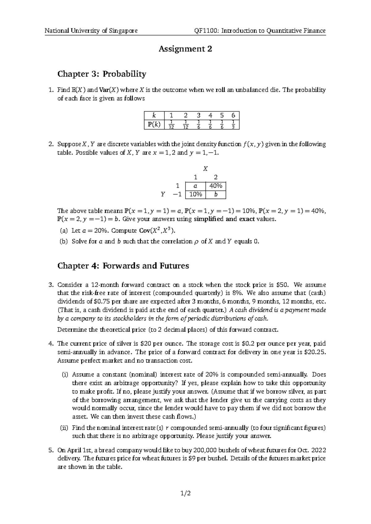 Assignment 2 - nil - National University of Singapore QF1100: Introduction to Quantitative ...