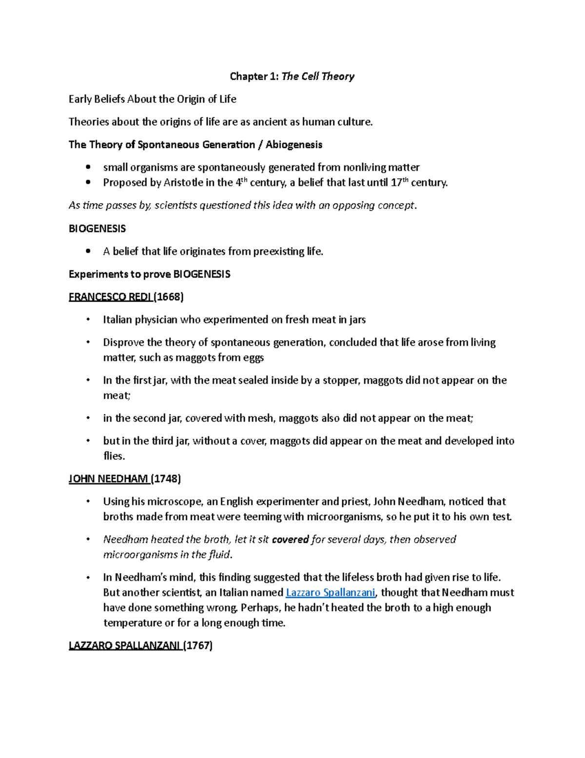 The Cell Theory - Lecture notes 1 - Chapter 1: The Cell Theory Early ...
