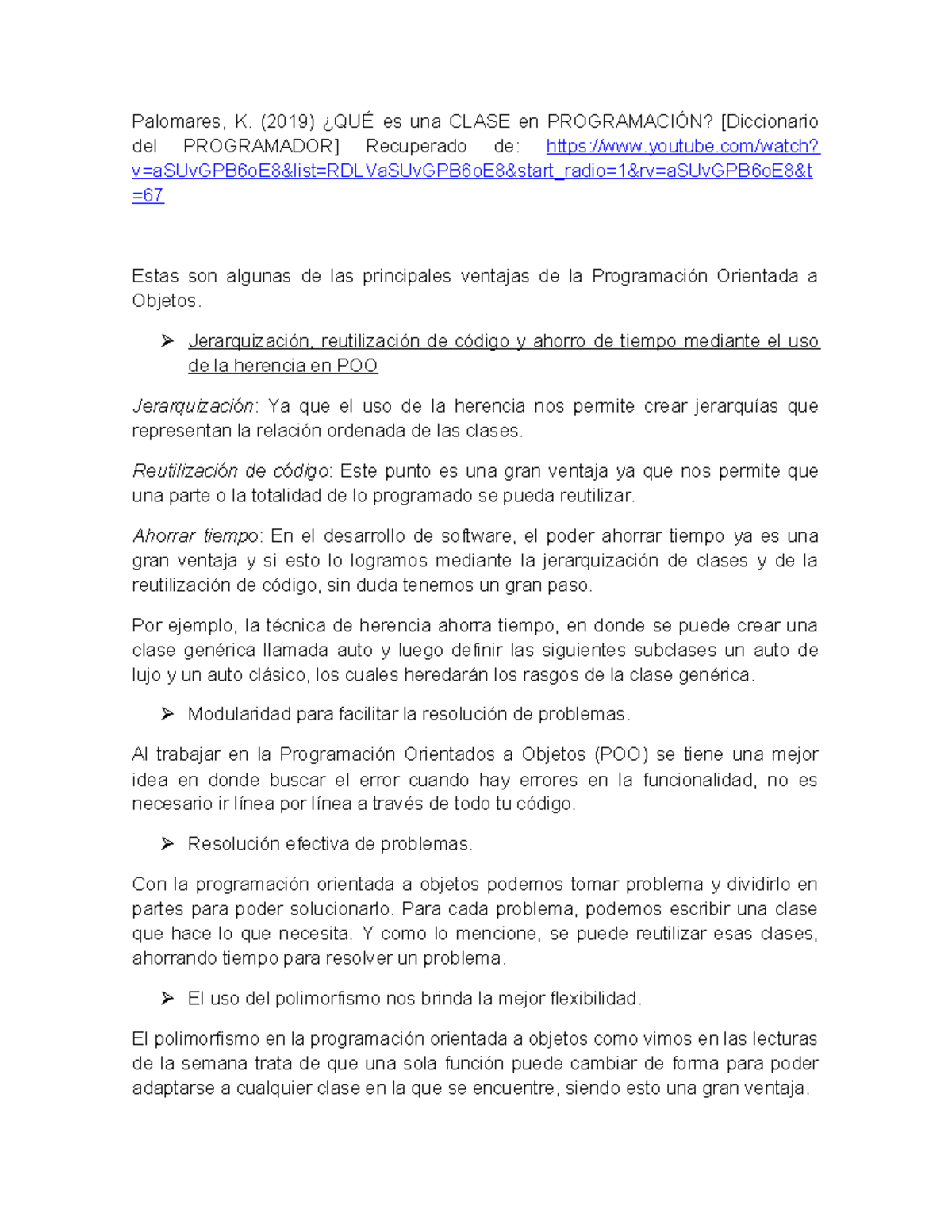 Foro 3 Programacion Orientada a Objetos 3 - Palomares, K. (2019) ¿QUÉ es una CLASE en ...